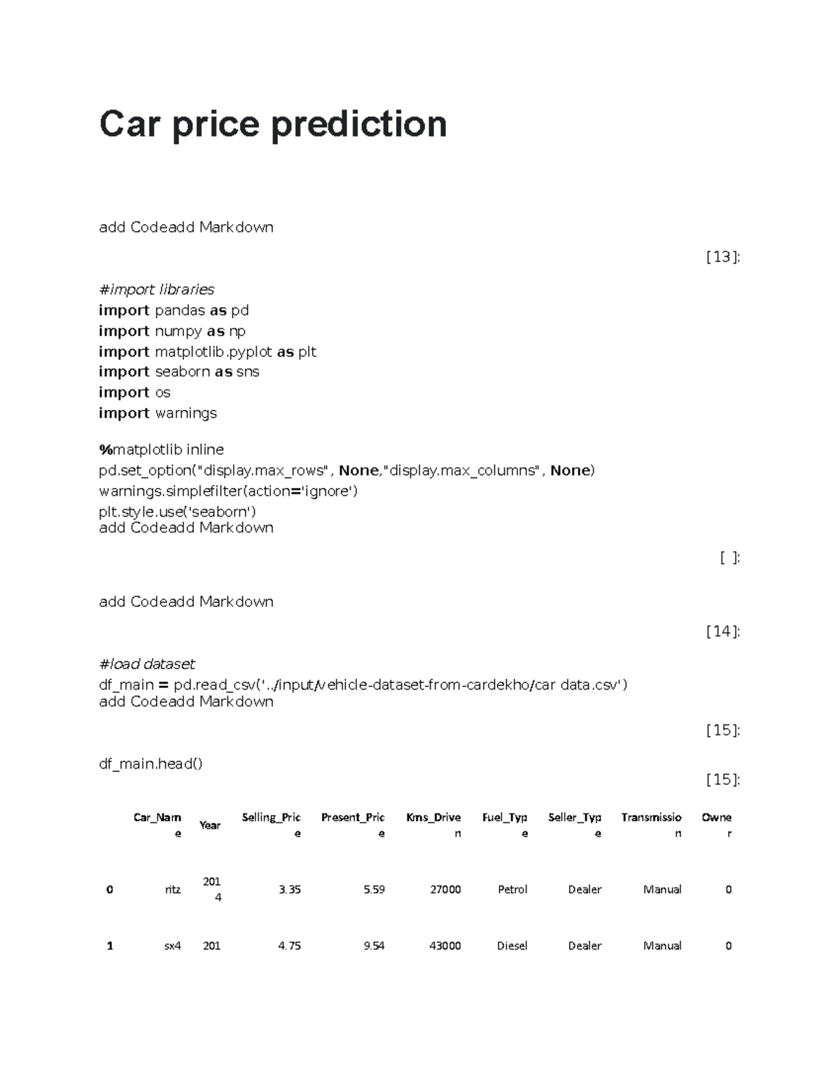 Car price prediction fds - Car price prediction add Codeadd Markdown ...