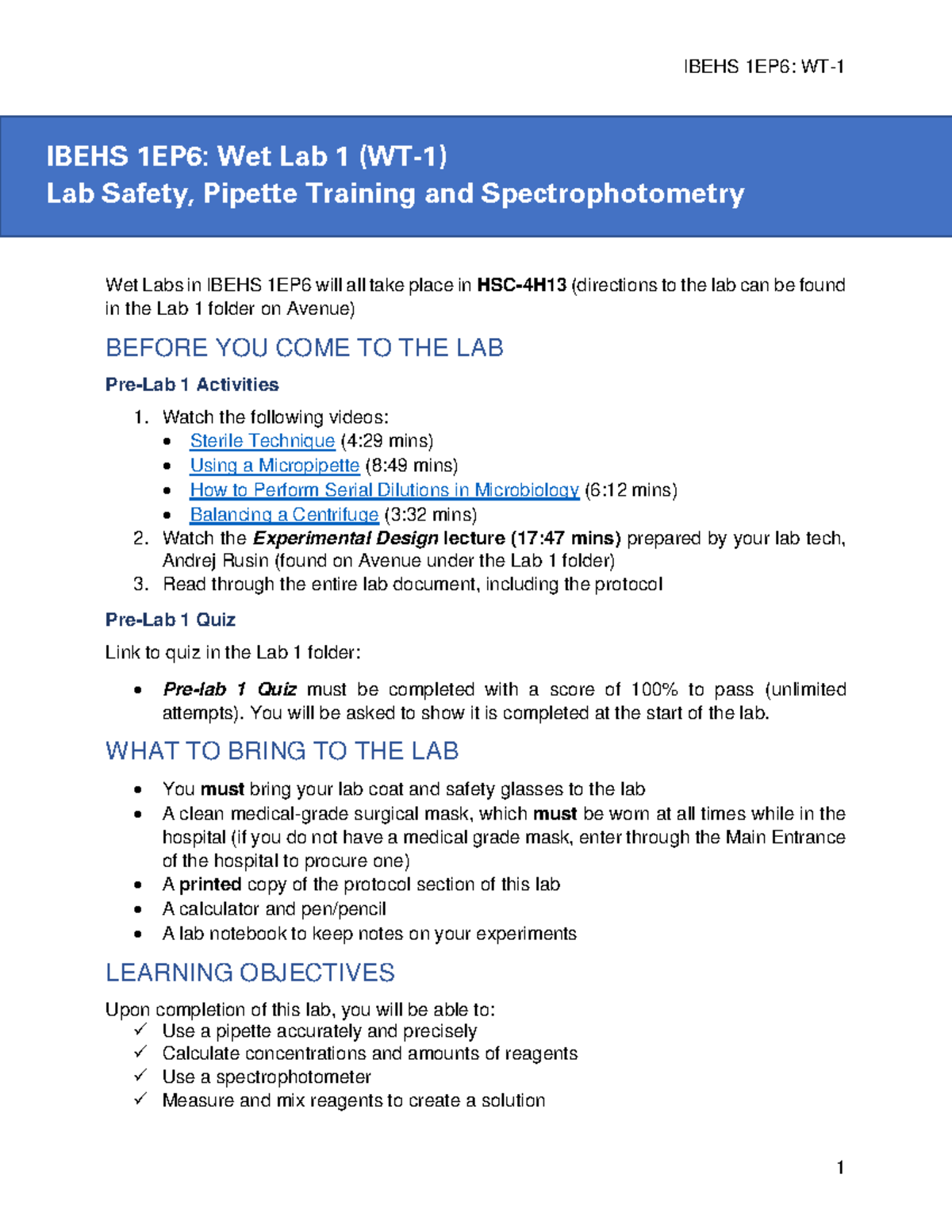 WL-1 - Lab Safety, Pippetting and Spectrophotometry - Wet Labs in IBEHS ...