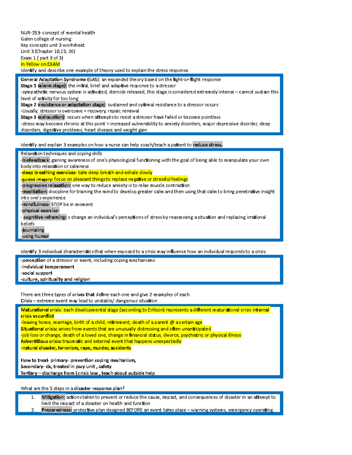 Mental Health - Unit 3 (Exam 1 part 2 of 3) - NUR-253- concept of mental health Galen college of ...