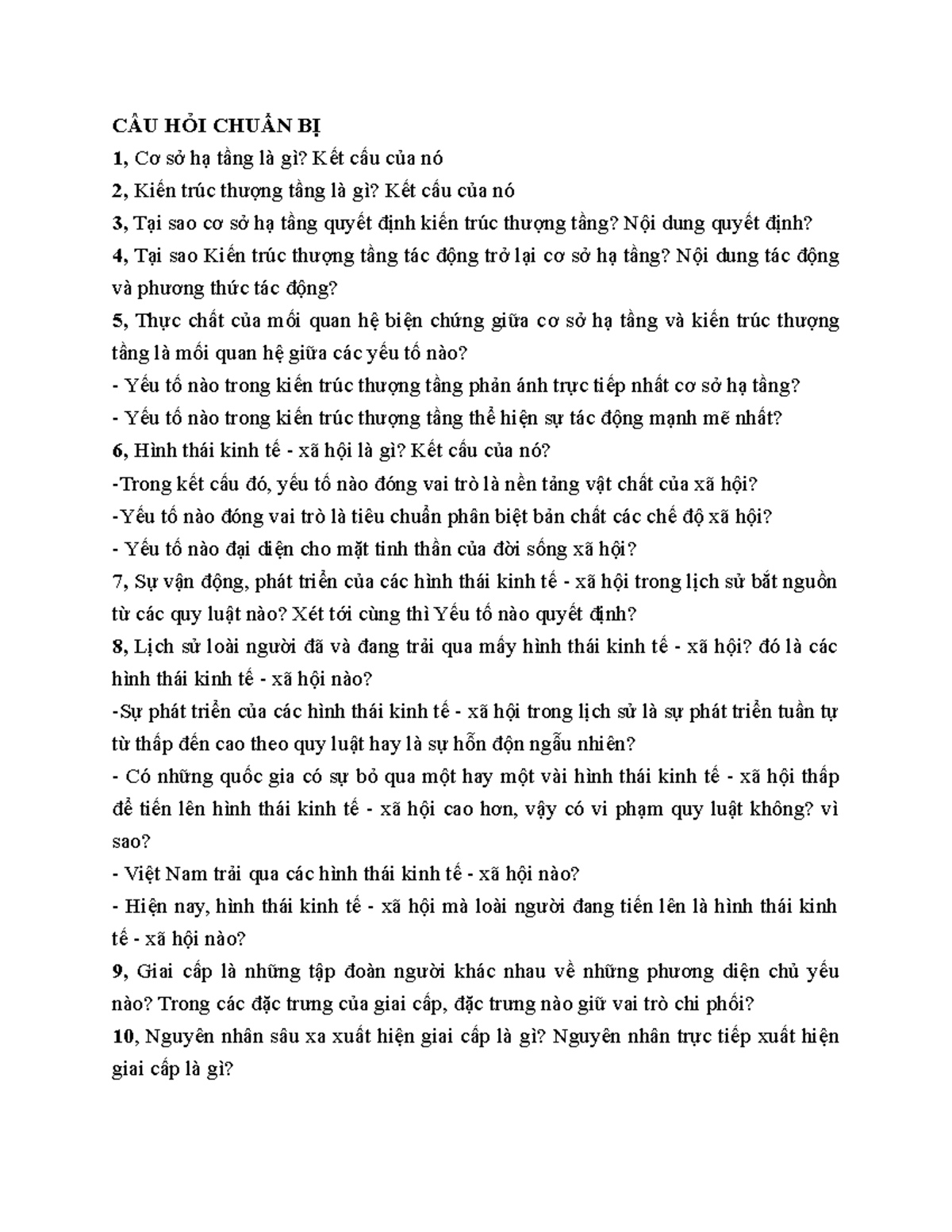 HTKT-XH - triết học - CÂU HỎI CHUẨN BỊ 1, Cơ sở hạ tầng là gì? Kết cấu ...