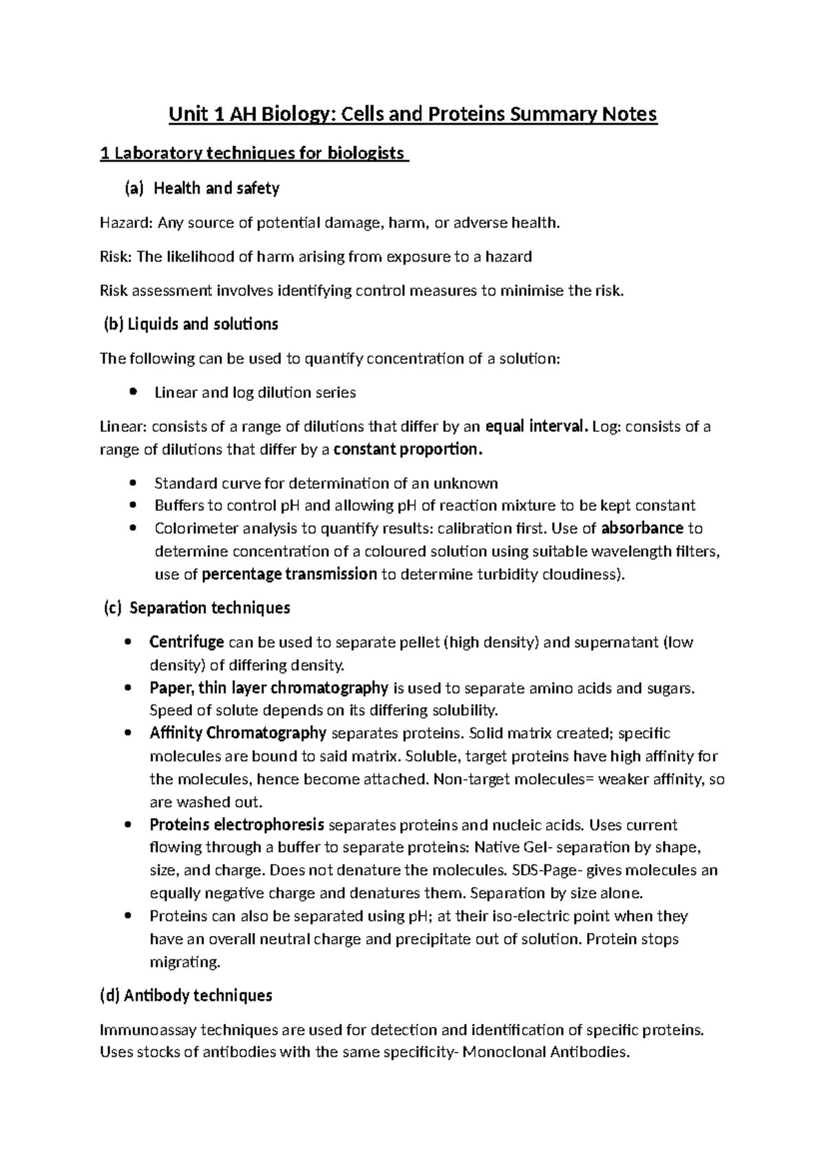 Unit 1 AH Biology - Unit 1 AH Biology: Cells and Proteins Summary Notes ...