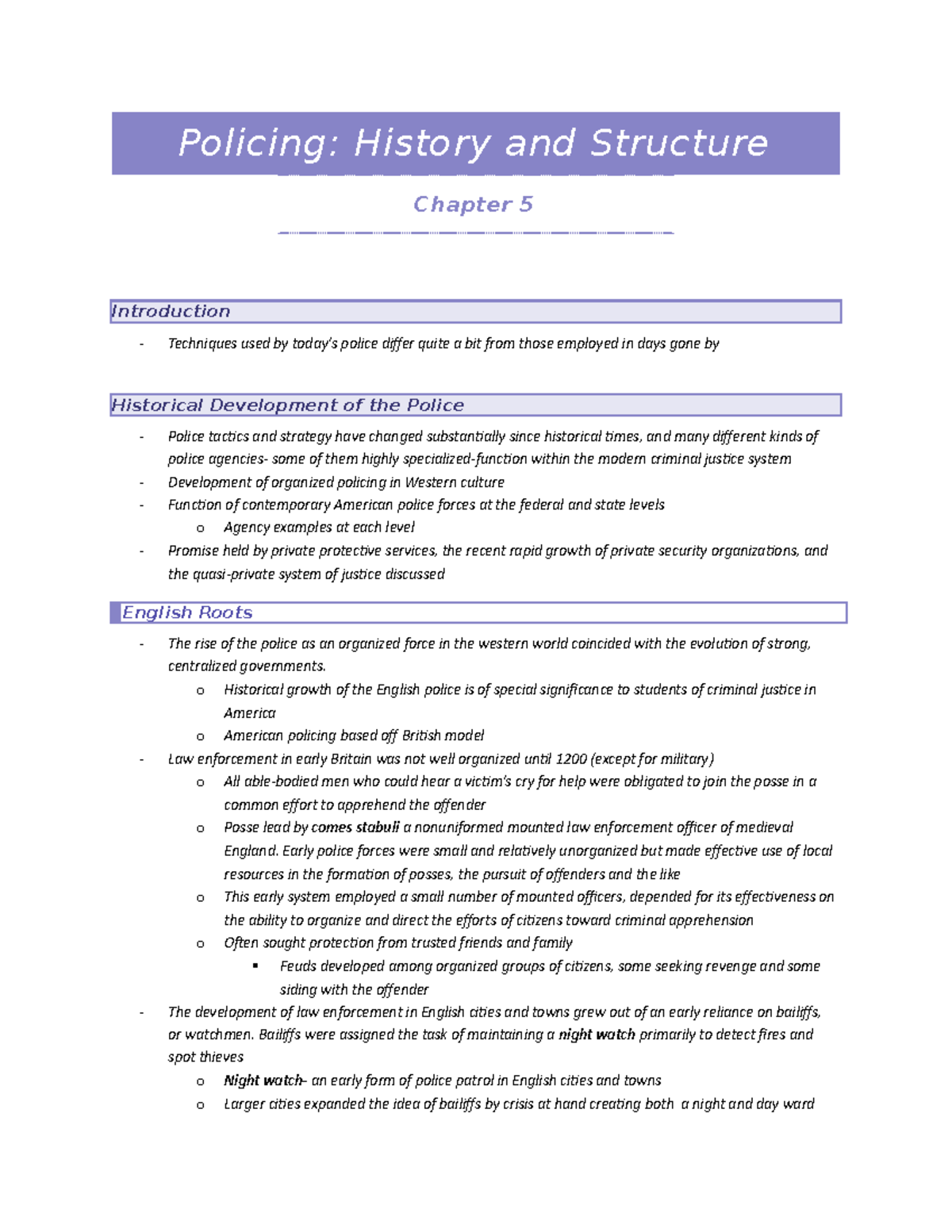 Chapter 5 Reading Notes - Policing: History and Structure Chapter 5 ...