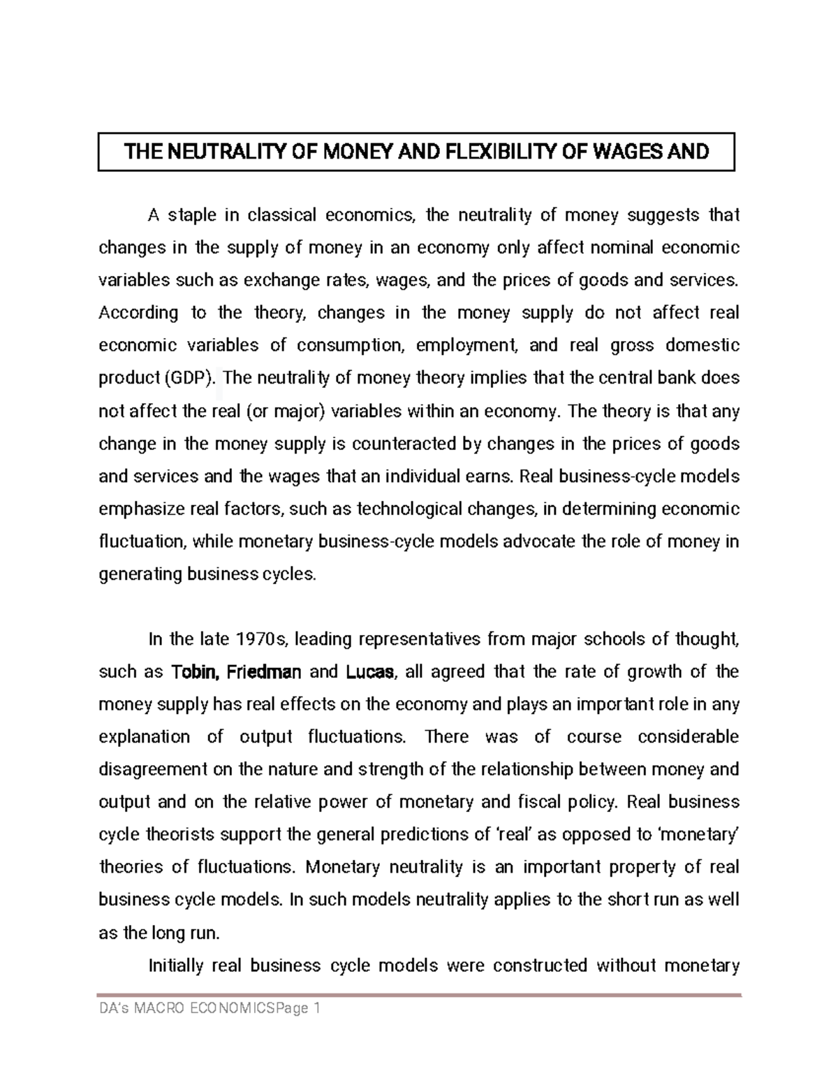 The Neutrality of Money RBC - A staple in classical economics, the ...