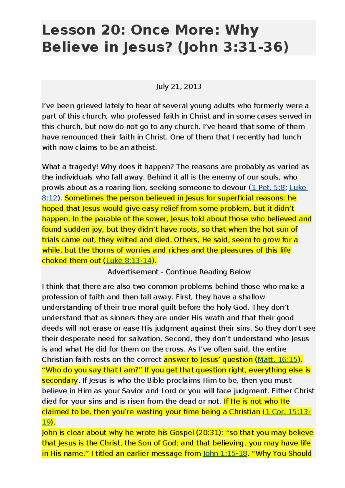 Believe - Notes - Lesson 20: Once More: Why Believe in Jesus? (John 3: ...