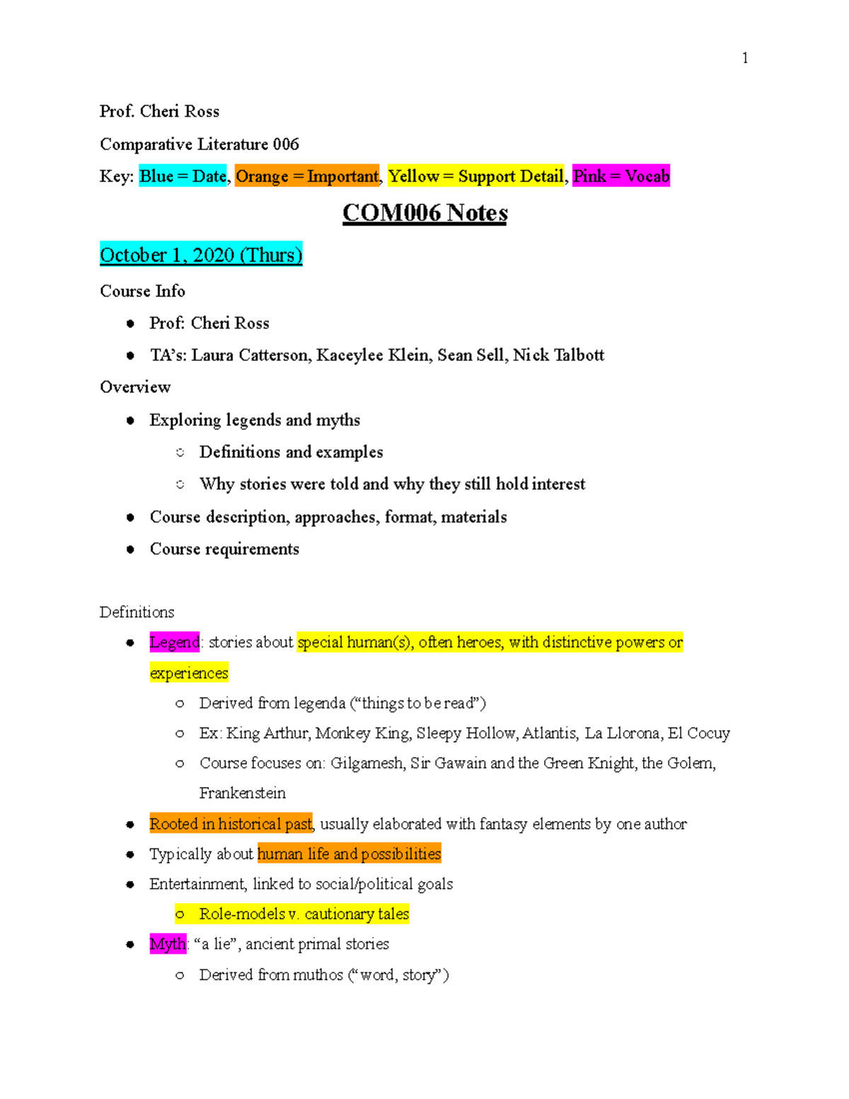 COM006 Notes - Prof. Cheri Ross Comparative Literature 006 Key: Blue ...