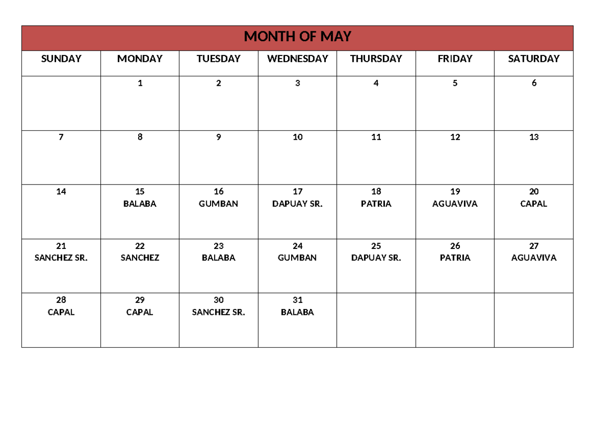Djade Calendar Schedule 2024 - MONTH OF MAY SUNDAY MONDAY TUESDAY ...