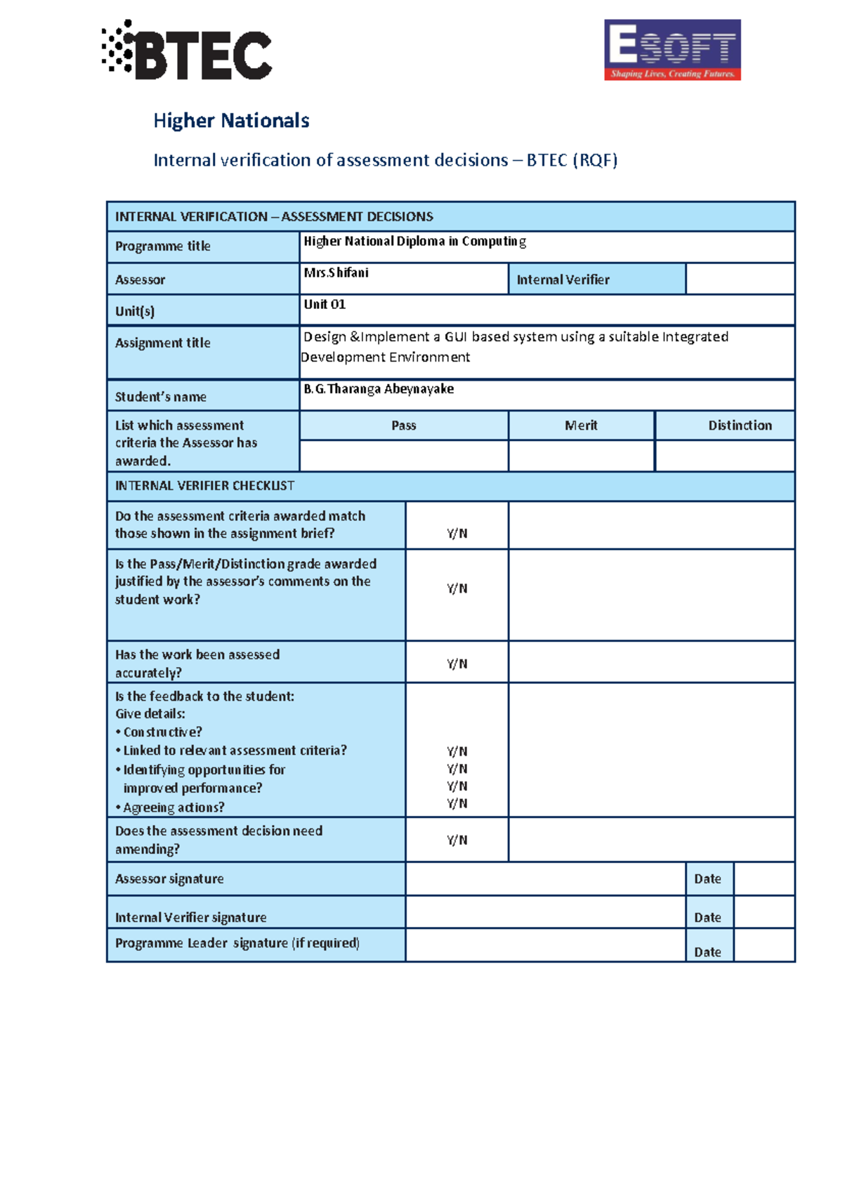 Programing esoft notes - Higher Nationals Internal verification of ...