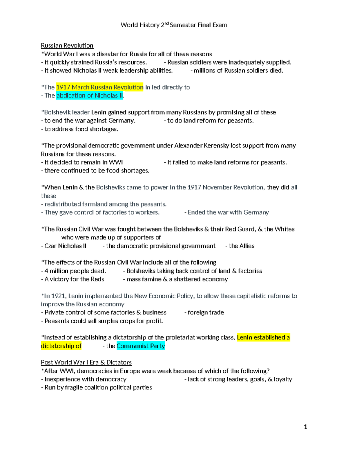 2022World Sem 2Final Review - Russian Revolution *World War I was a ...