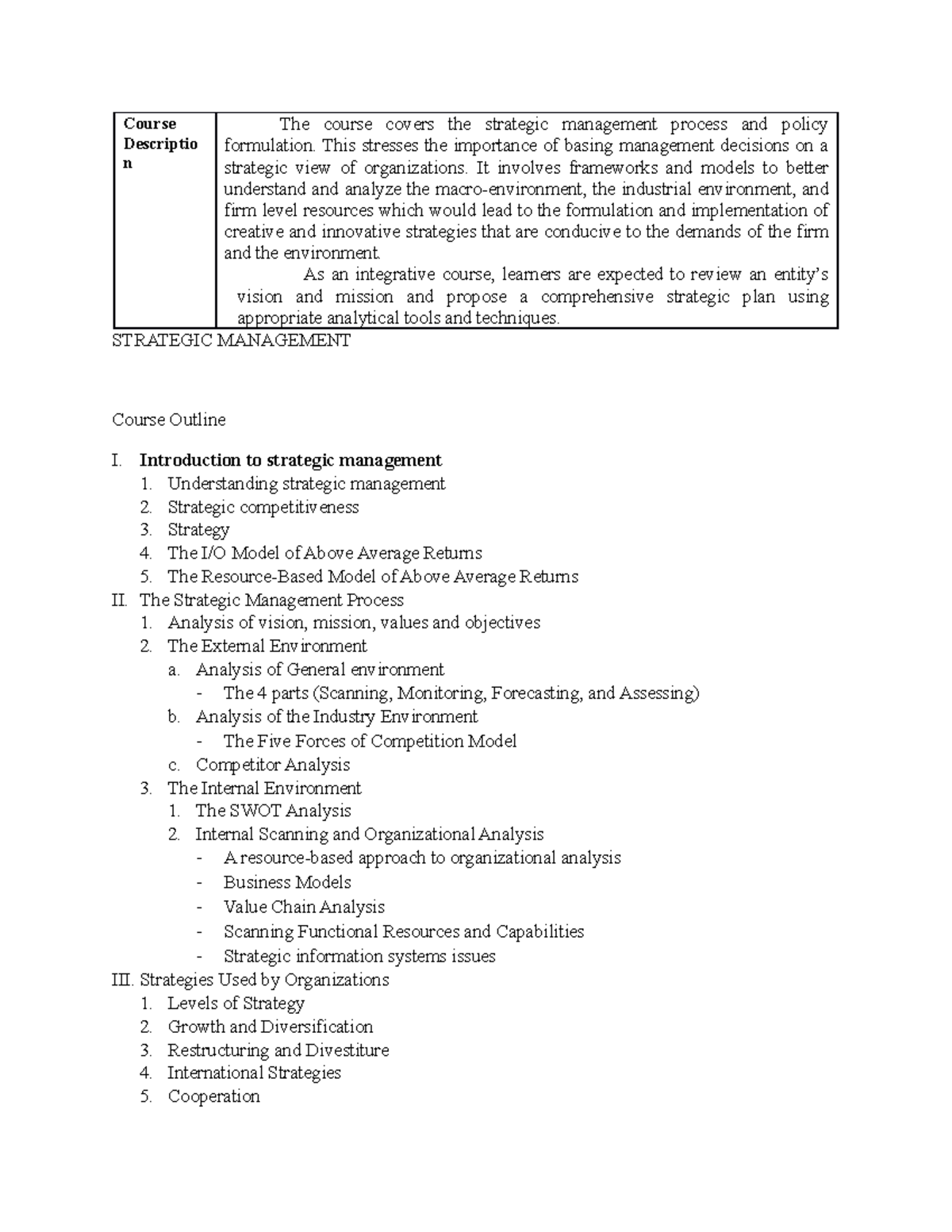 Strat Man 1st Sem 2022-2023 - Course Descriptio n The course covers the ...