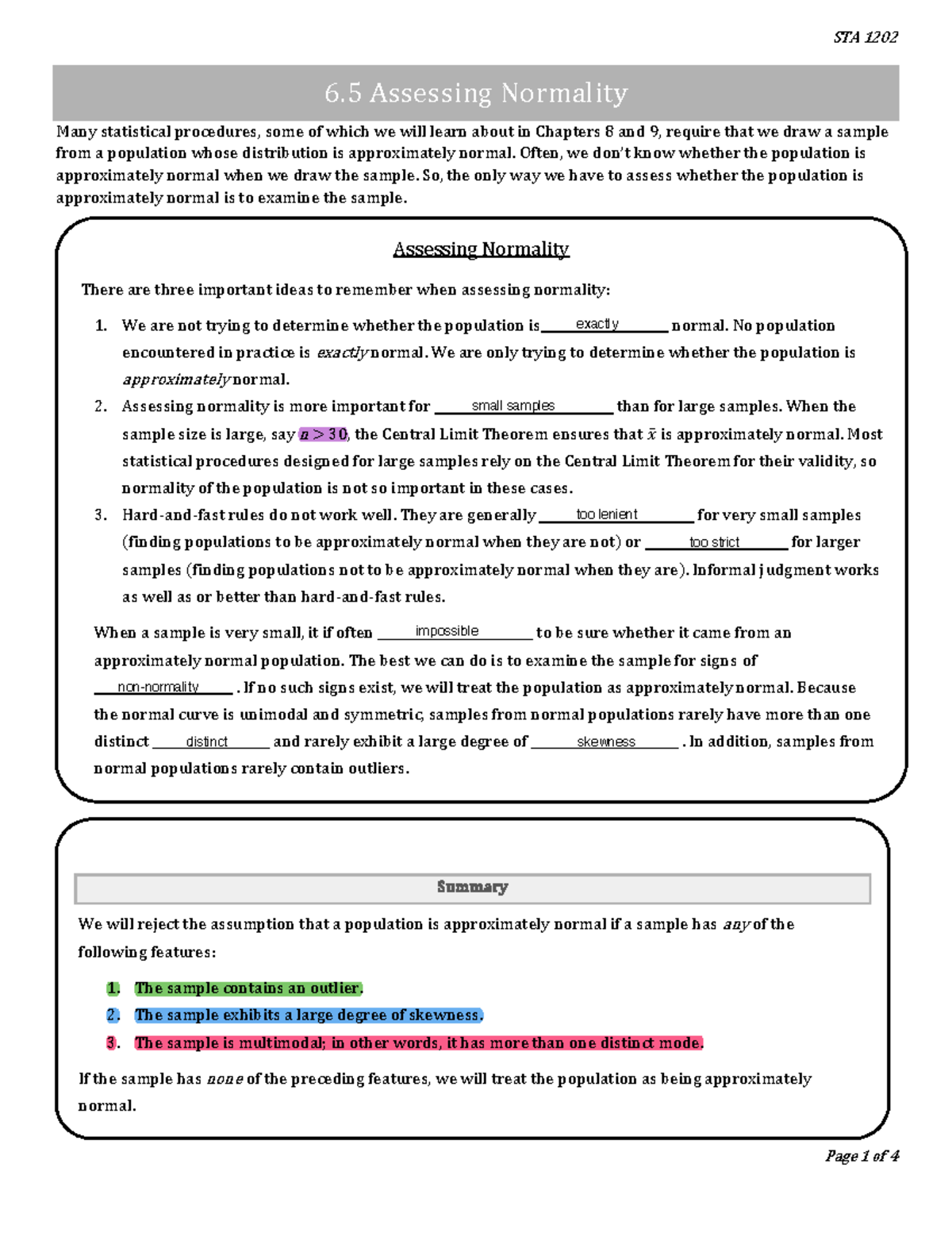 Section 6.5 Assessing Normality Handout - 6 Assessing Normality Many ...
