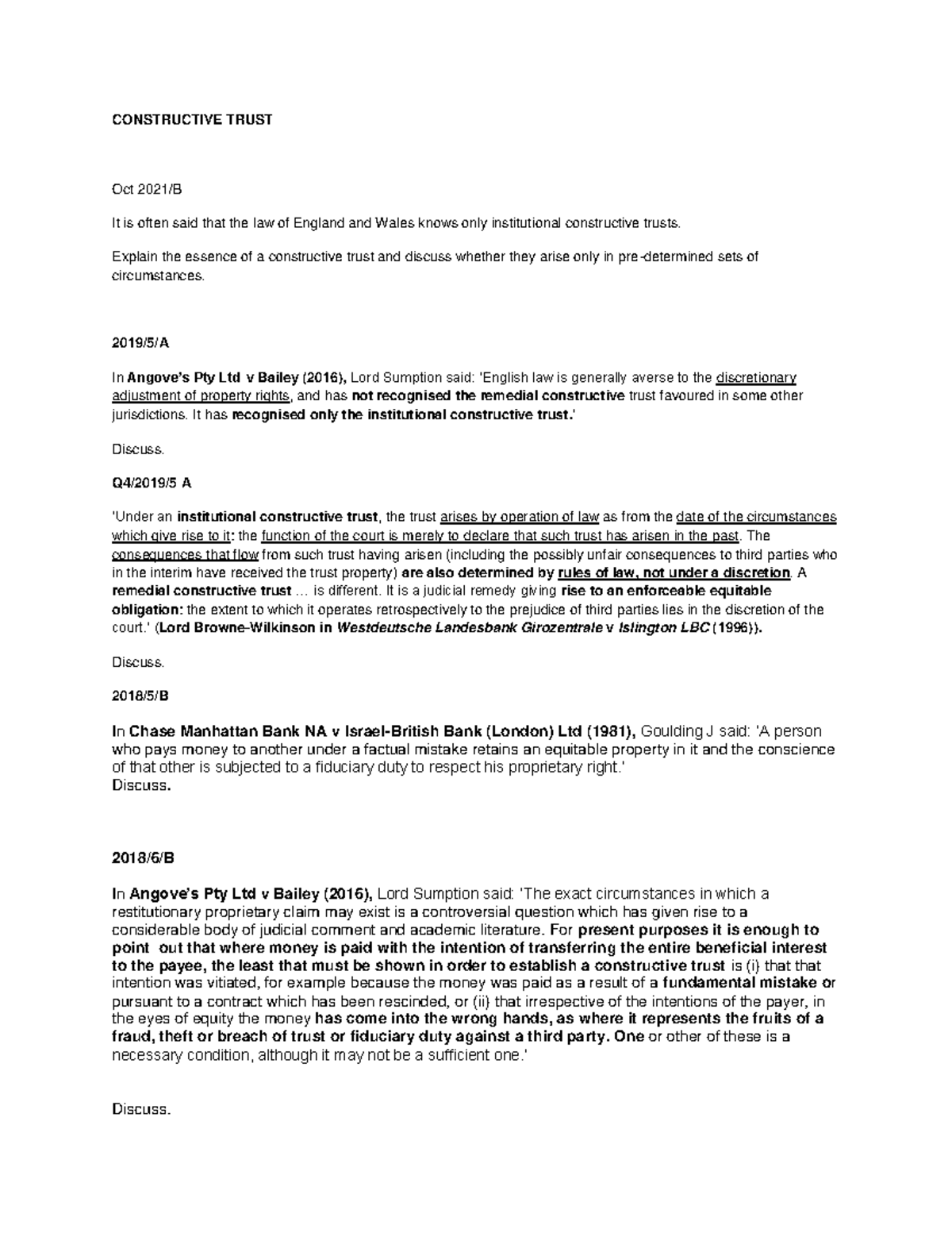 Qs on CT - essay - CONSTRUCTIVE TRUST Oct 2021/B It is often said that ...