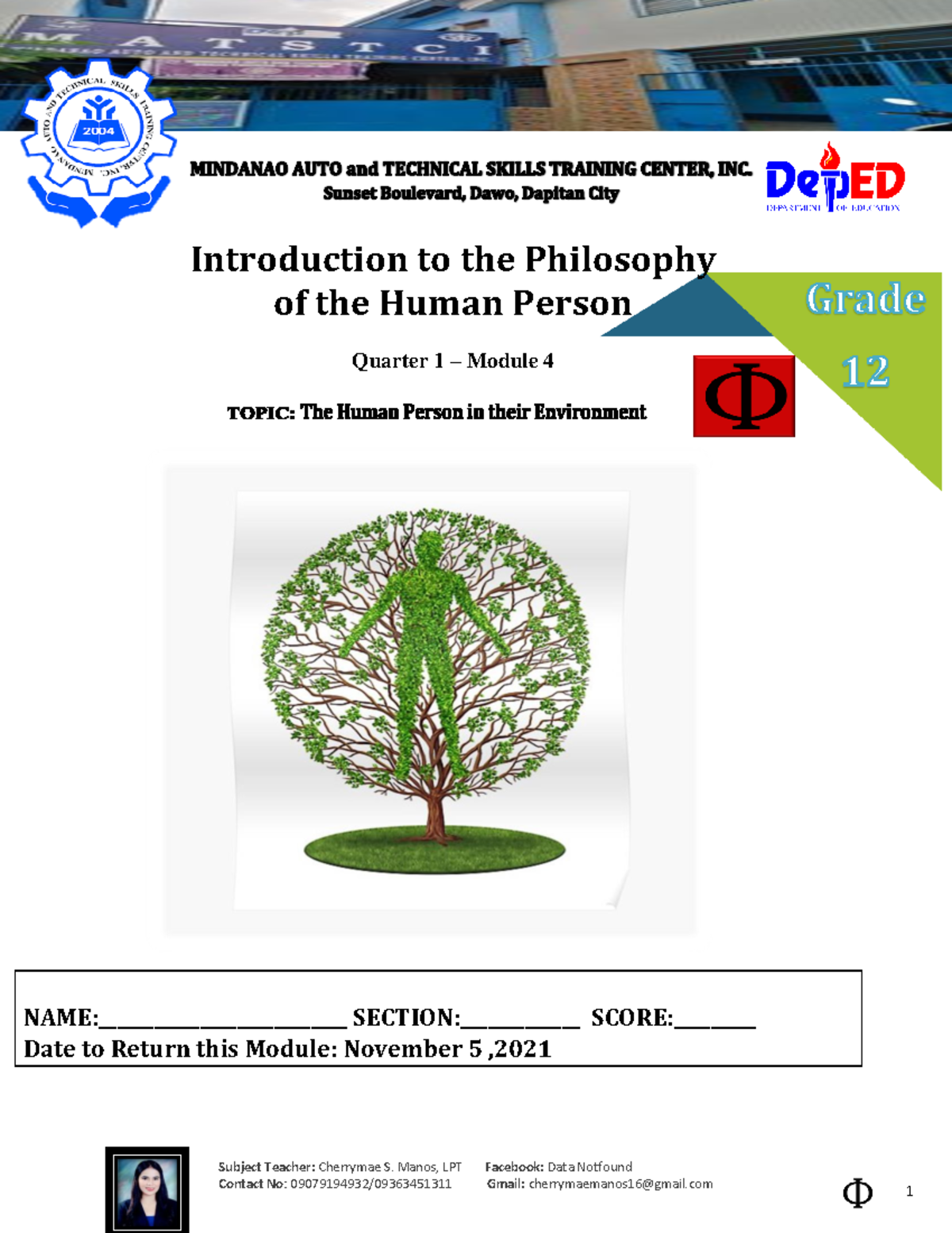 Philo Q1 Module 4-final - 1 Subject Teacher: Cherrymae S. Manos, LPT ...