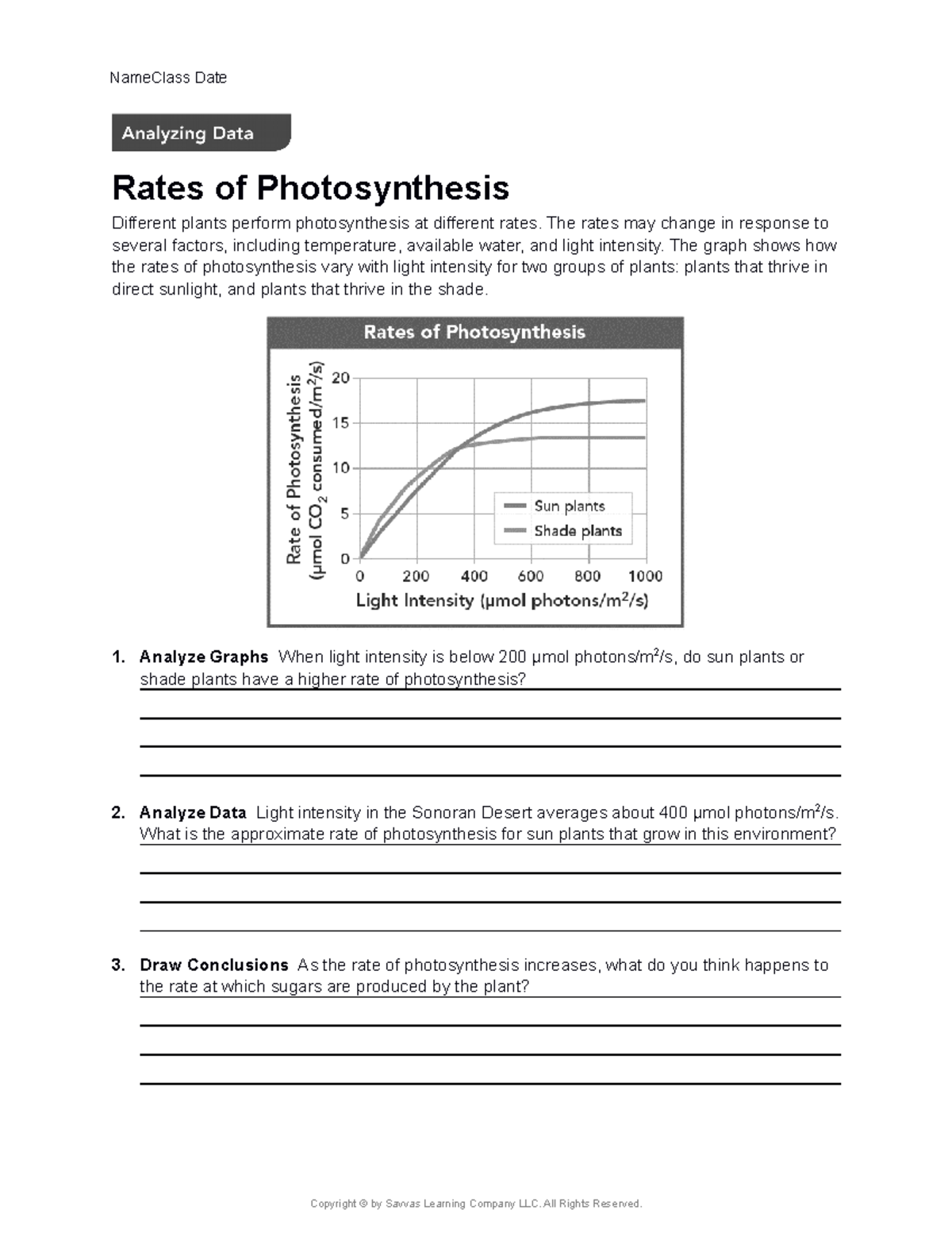 BIO CH09 Analyzing Data - Rates of Photosynthesis Different plants ...