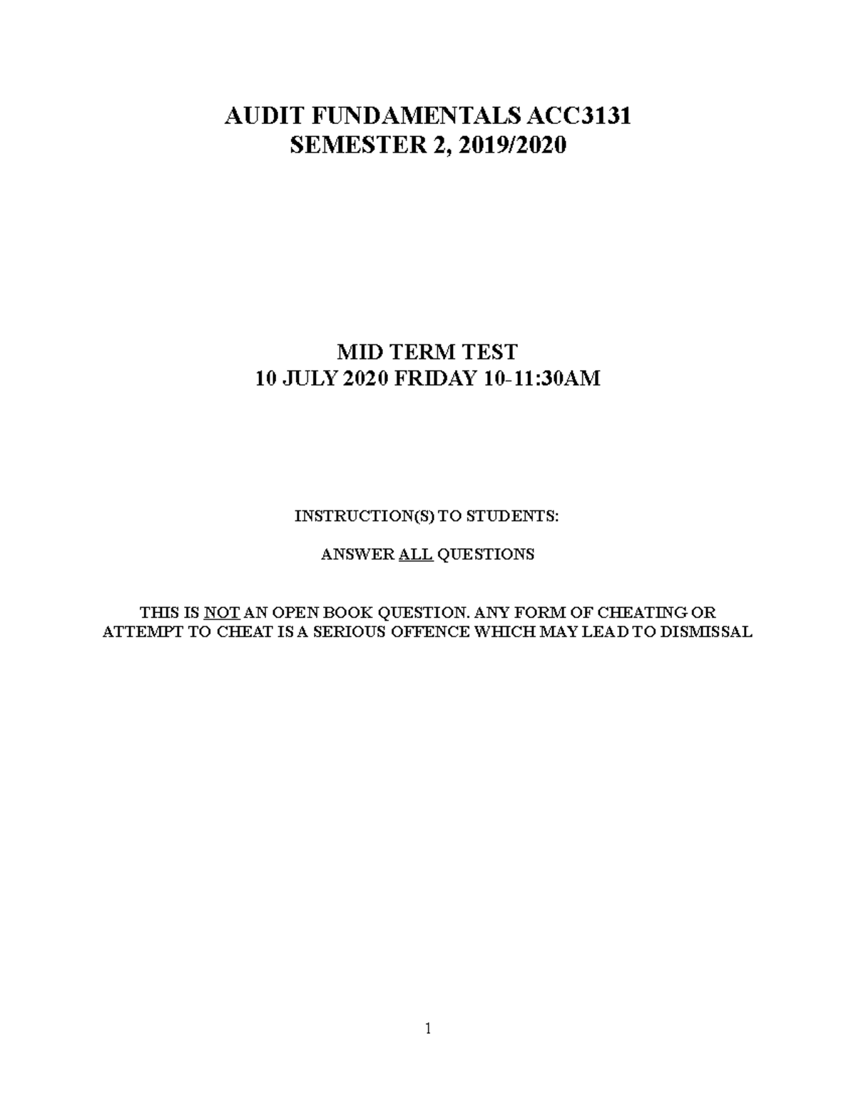 Audit MT Test year 2019-2020 - AUDIT FUNDAMENTALS ACC3 131 SEMESTER 2 ...