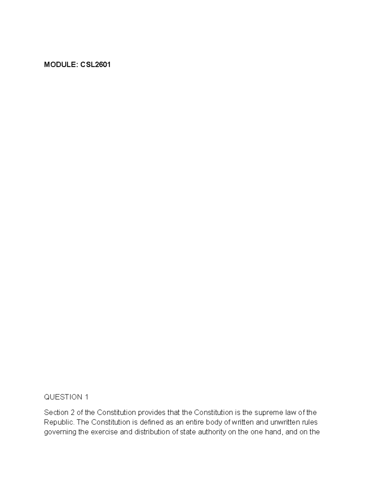 Exam CSL2601 - MODULE: CSL QUESTION 1 Section 2 of the Constitution ...