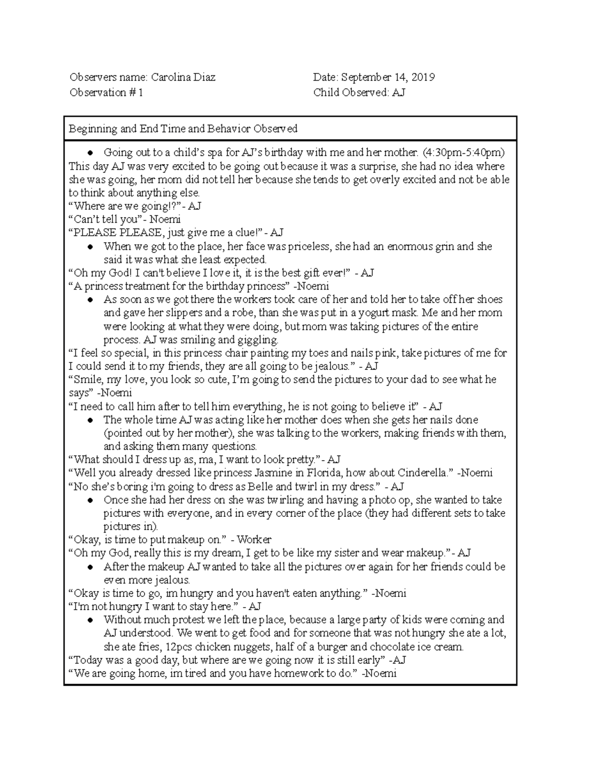 ECE 301 observation chart - Observers name: Carolina Diaz Date ...