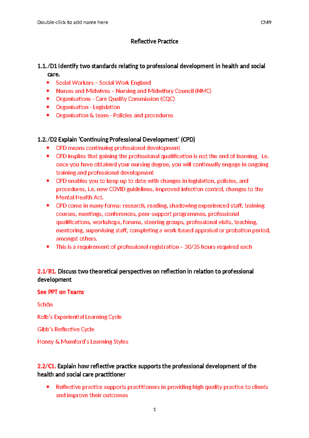 Class Notes for Reflective Practice - Reflective Practice 1./D1 ...