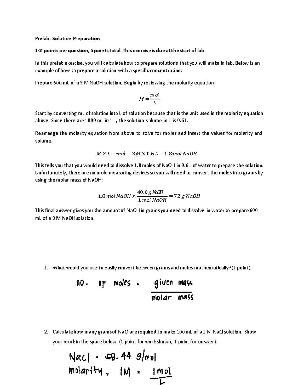 Lab4 Solution Chemistry prelab-1 - Prelab: Solution Preparation 1-2 ...