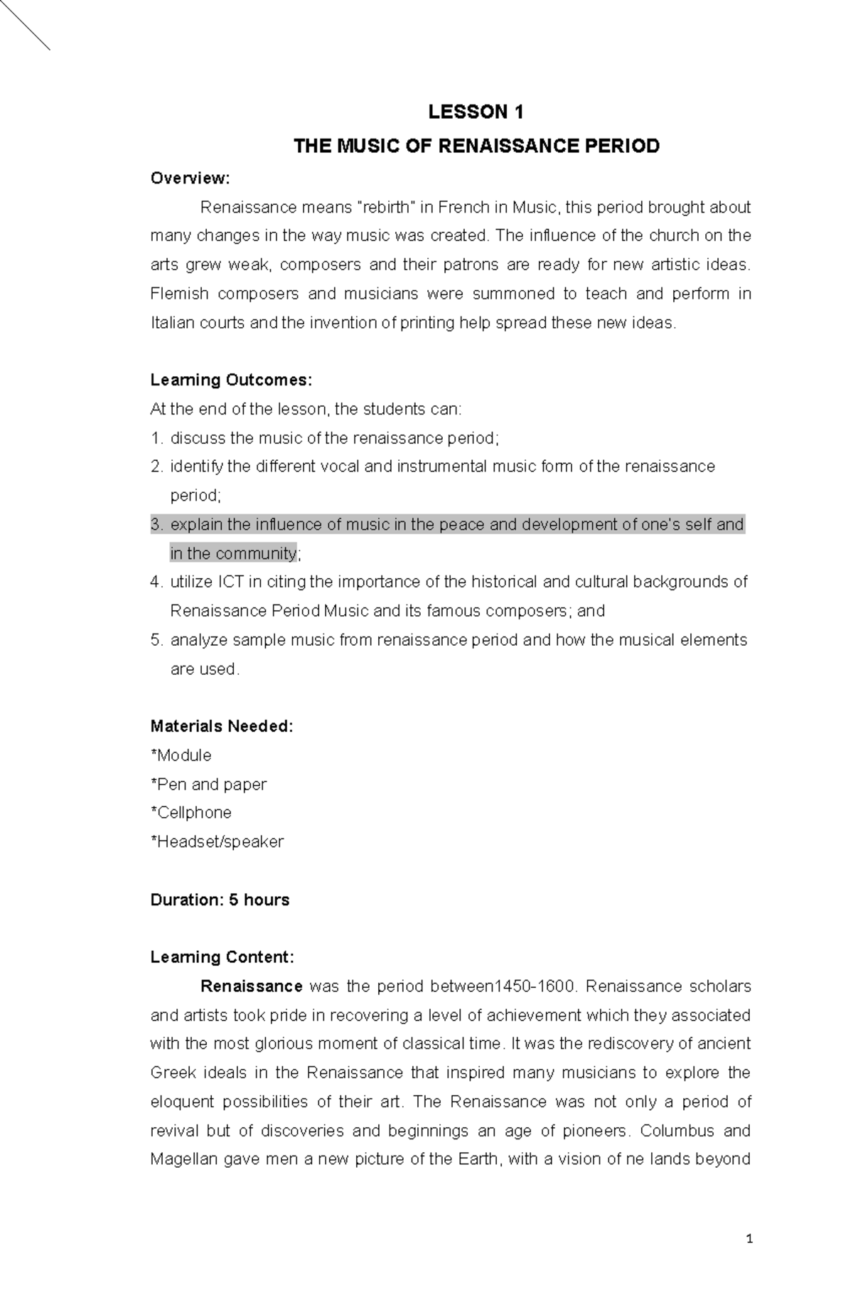 Grade 9 Module 2023 - LESSON 1 THE MUSIC OF RENAISSANCE PERIOD Overview ...