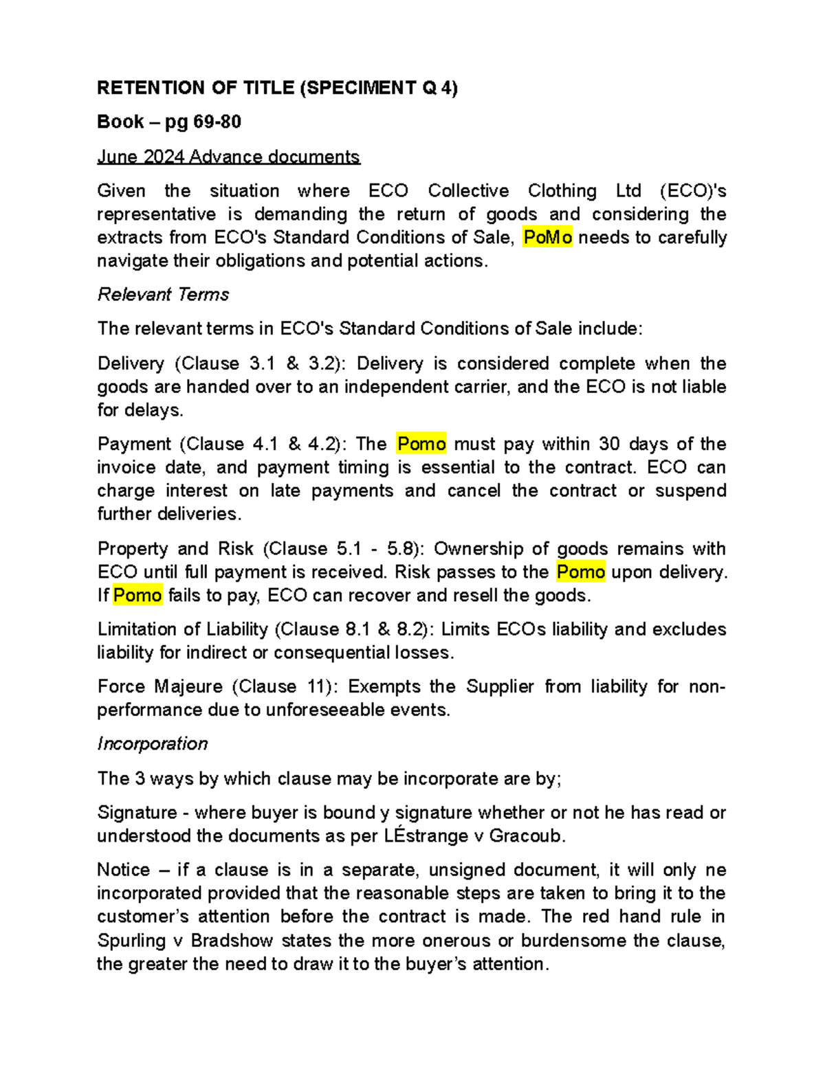 Commercial law and practice worked examples - RETENTION OF TITLE ...