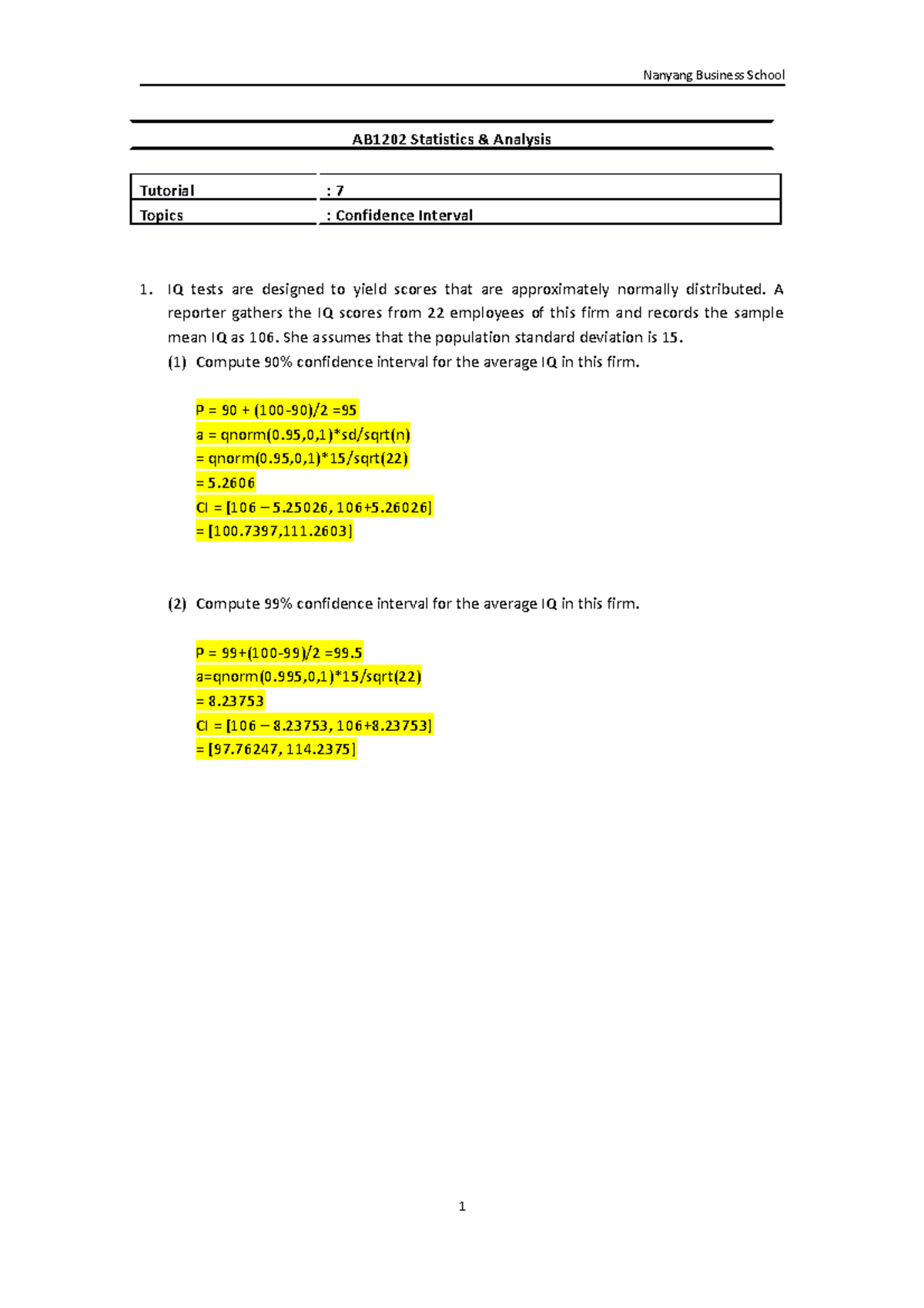 Statistics Questions week 7 - AB1202 Statistics & Analysis Tutorial : 7 ...
