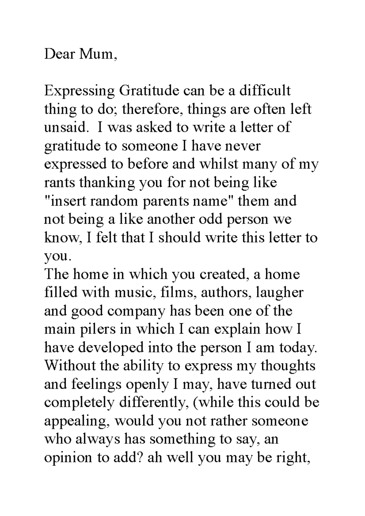 Dear Mum (GRATTIDUE ASSESMENT EXAMPLE) - Dear Mum, Expressing Gratitude ...