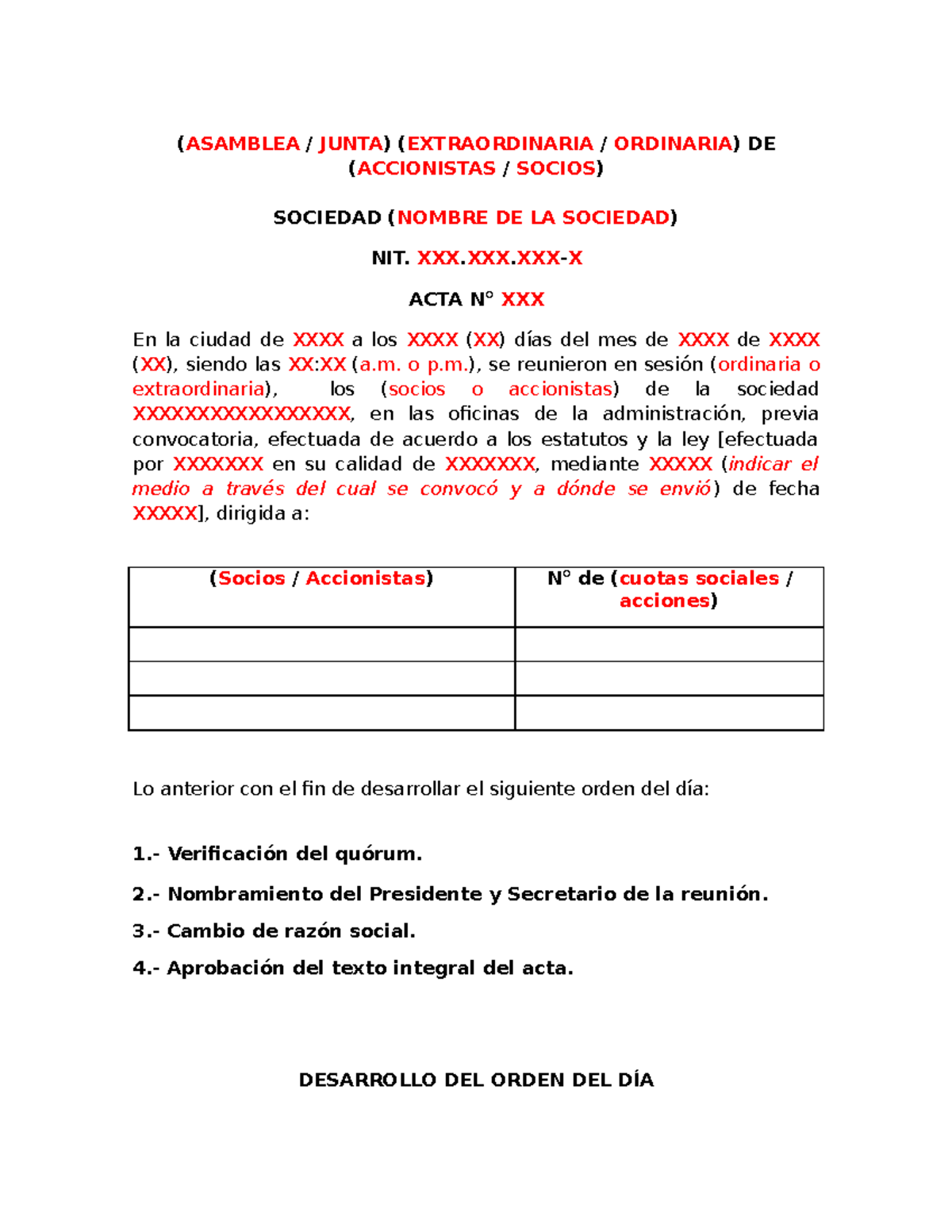 Acta para cambio de razon social 1 - (ASAMBLEA / JUNTA) (EXTRAORDINARIA ...