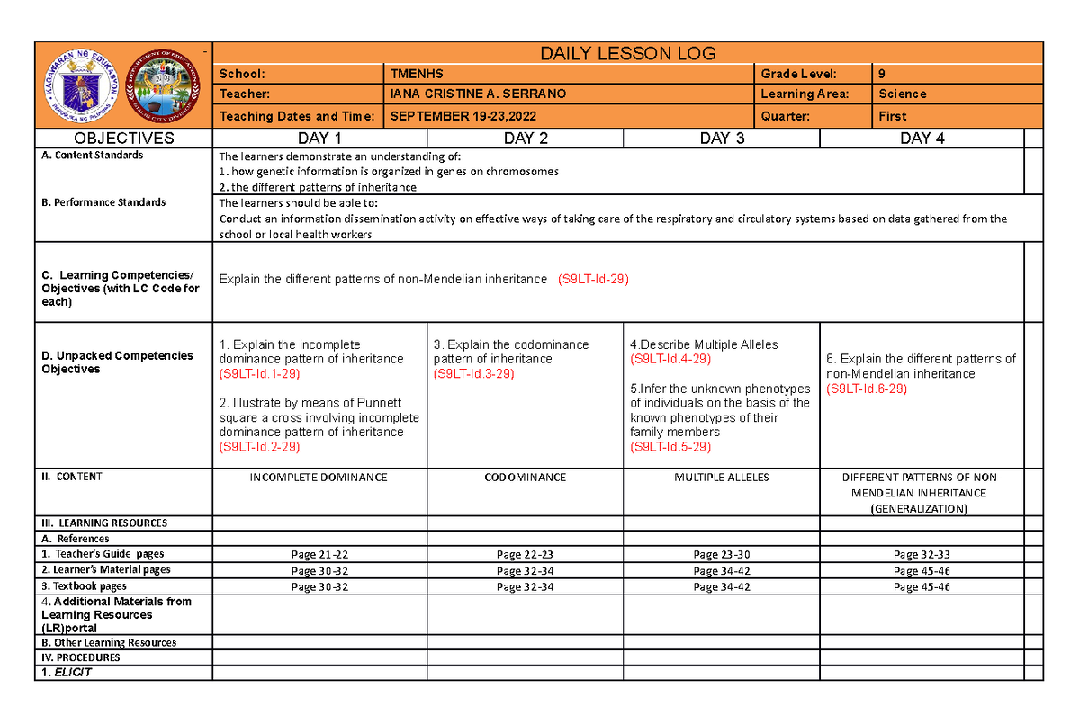 Non-mendelian pattern - DAILY LESSON LOG School: TMENHS Grade Level: 9 ...