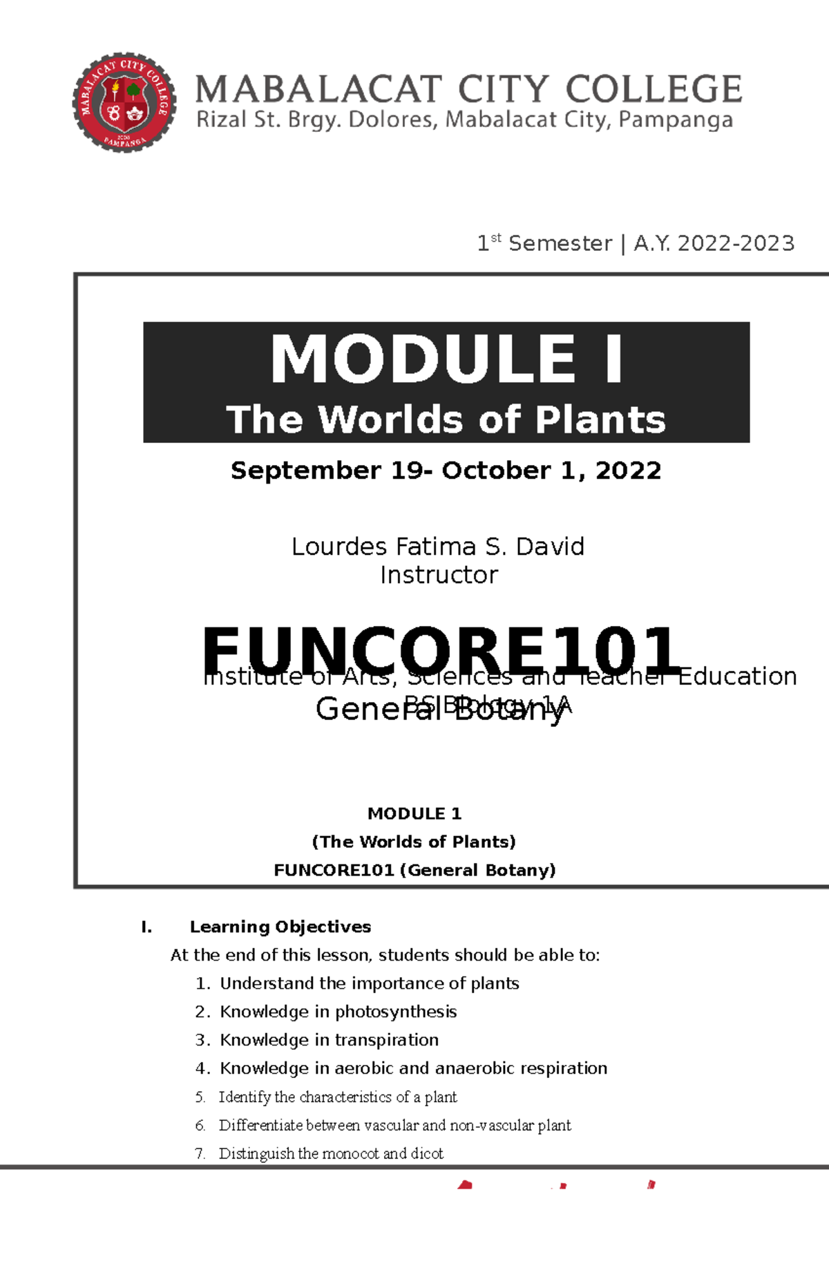 Module-1-in-General-Botany Answers - MODULE 1 (The Worlds of Plants ...