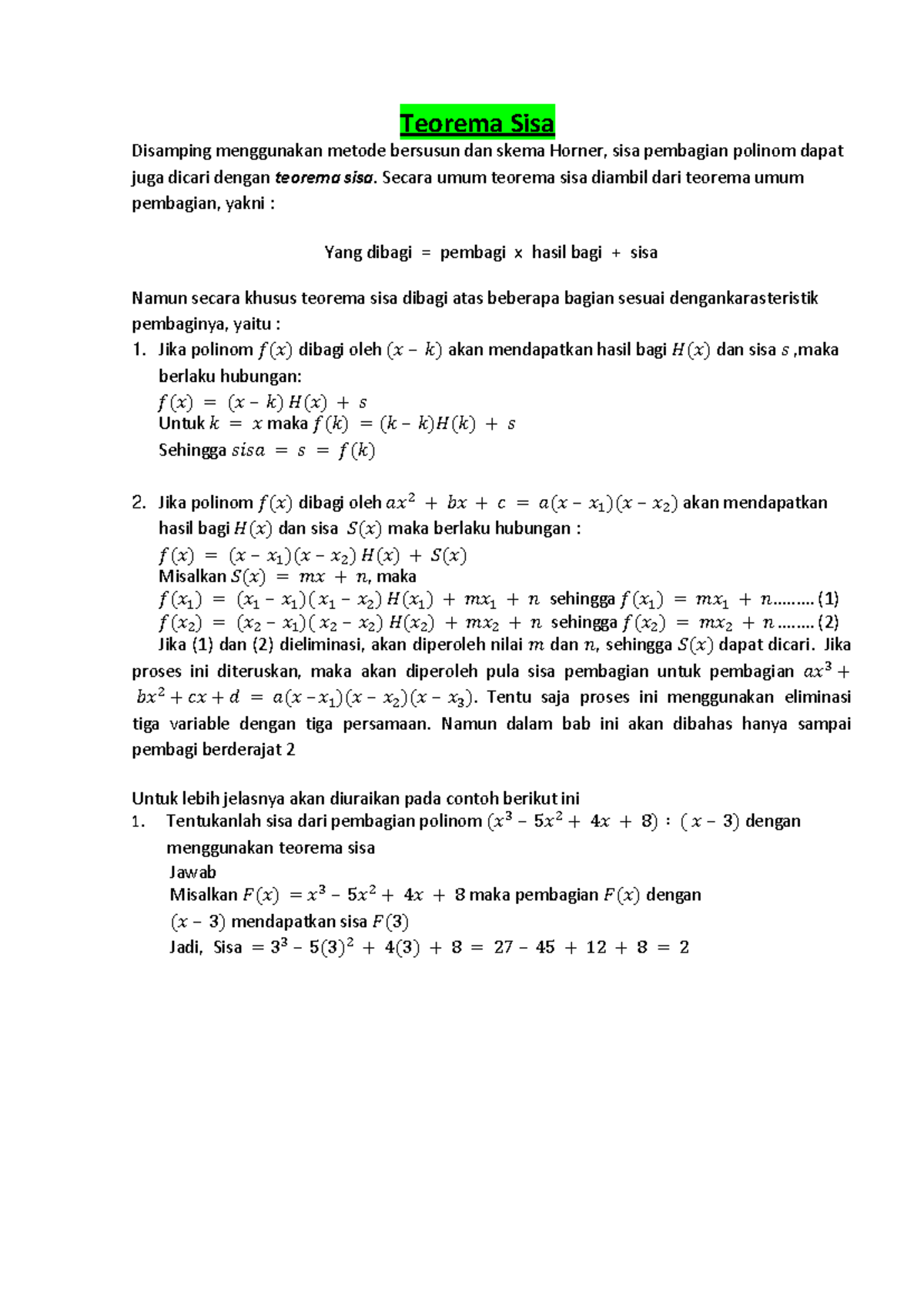 Remainder Theorem - Teorema Sisa Disamping menggunakan metode bersusun ...
