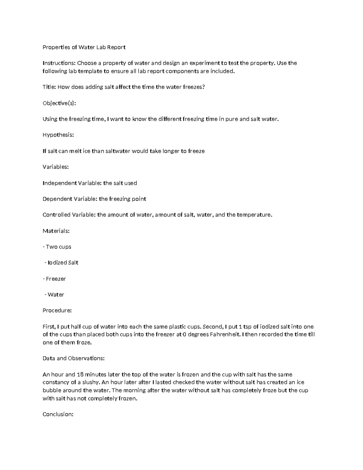 Properties of Water Lab Report copy - Properties of Water Lab Report ...