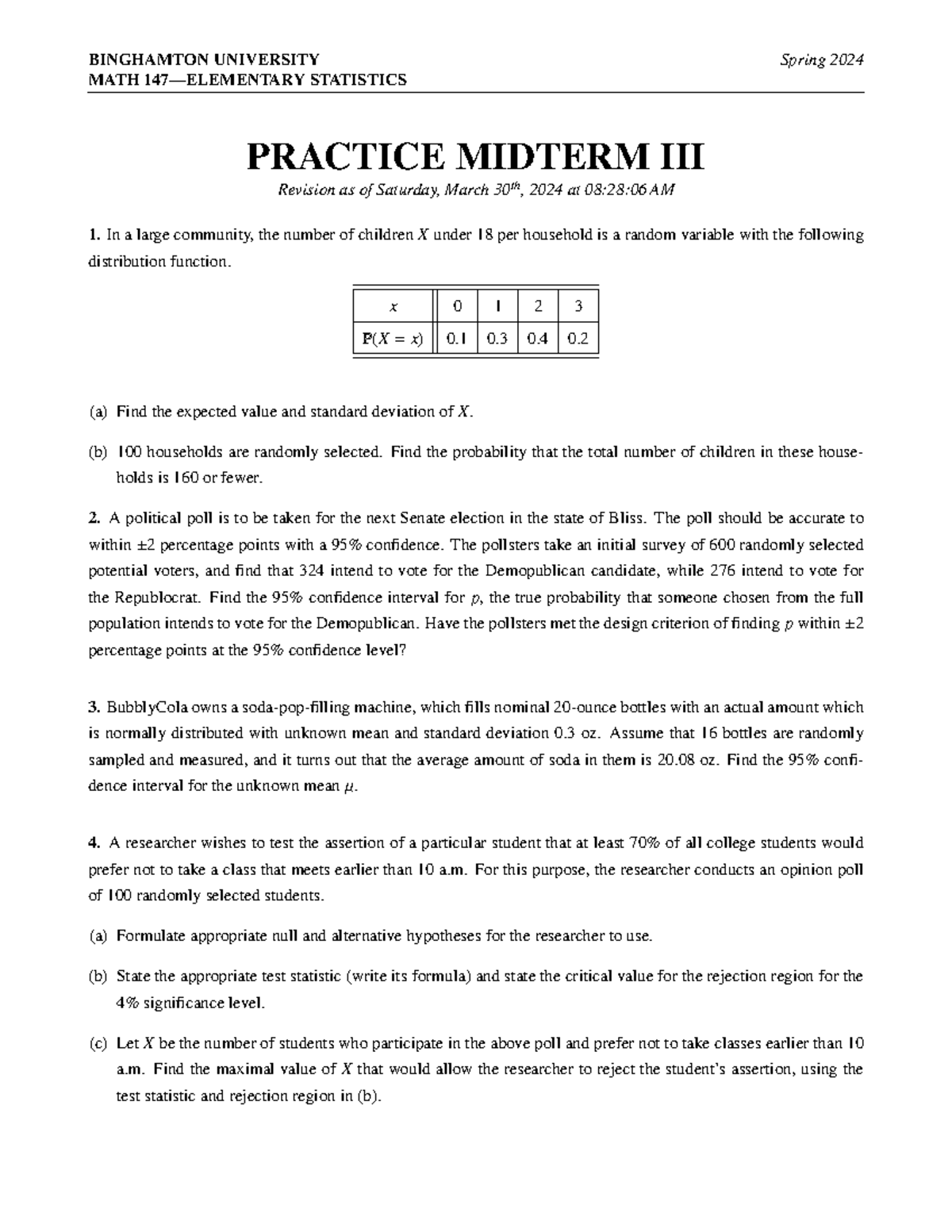 Bu m147 s24 practice mt3 - BINGHAMTON UNIVERSITY MATH 147—ELEMENTARY STATISTICS Spring 2024 ...
