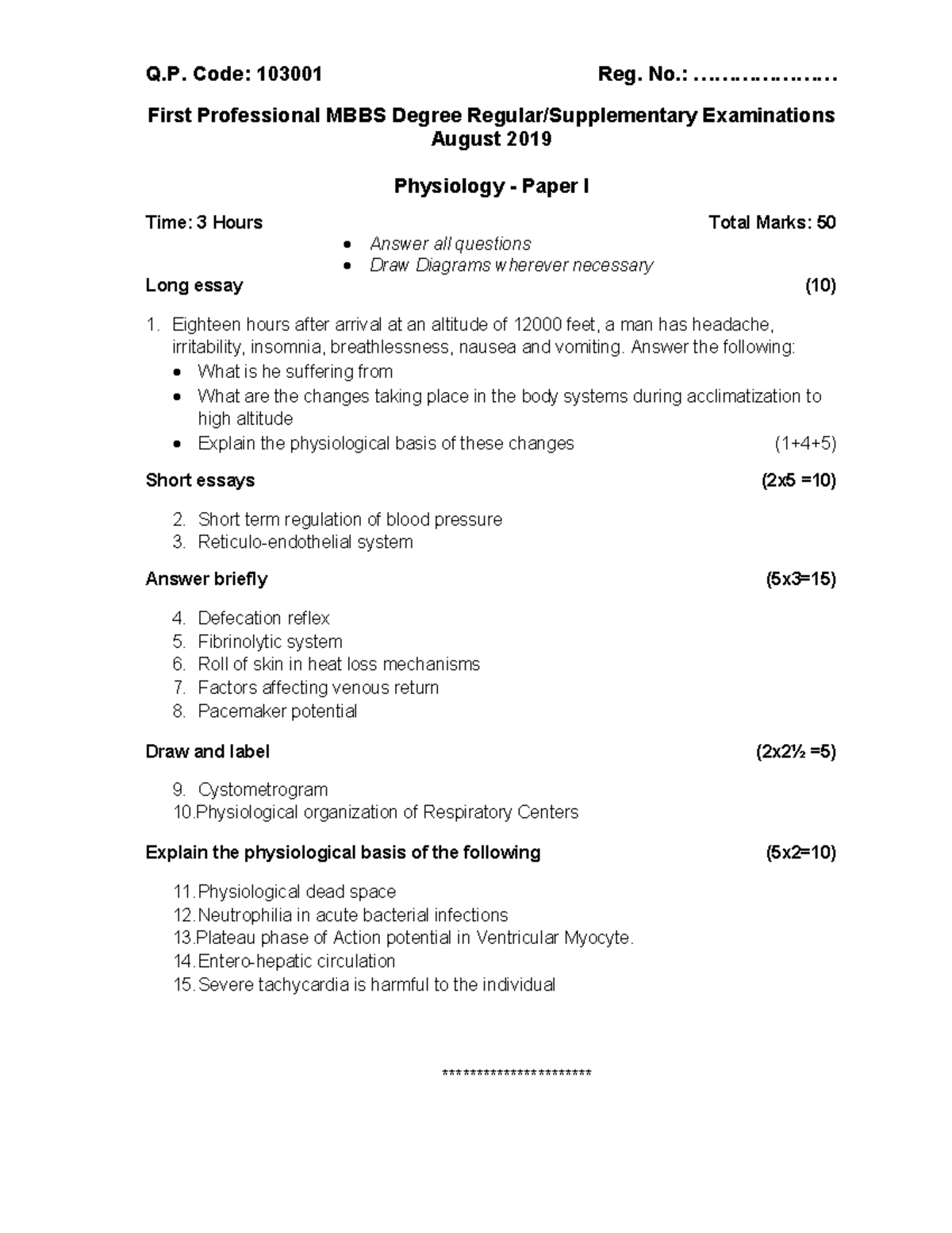 Question paper physiology - Q. Code: 103001 Reg. No ...