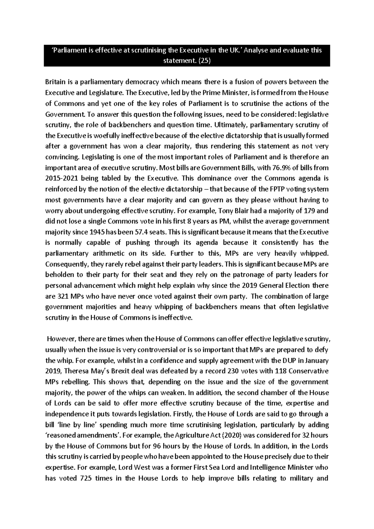 'Parliament is effective at scrutinising the Executive.' plan ...