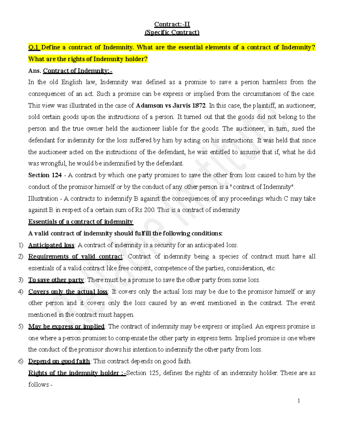 Contract II question and answers - Contract:-II (Specific Contract) 1 Q ...