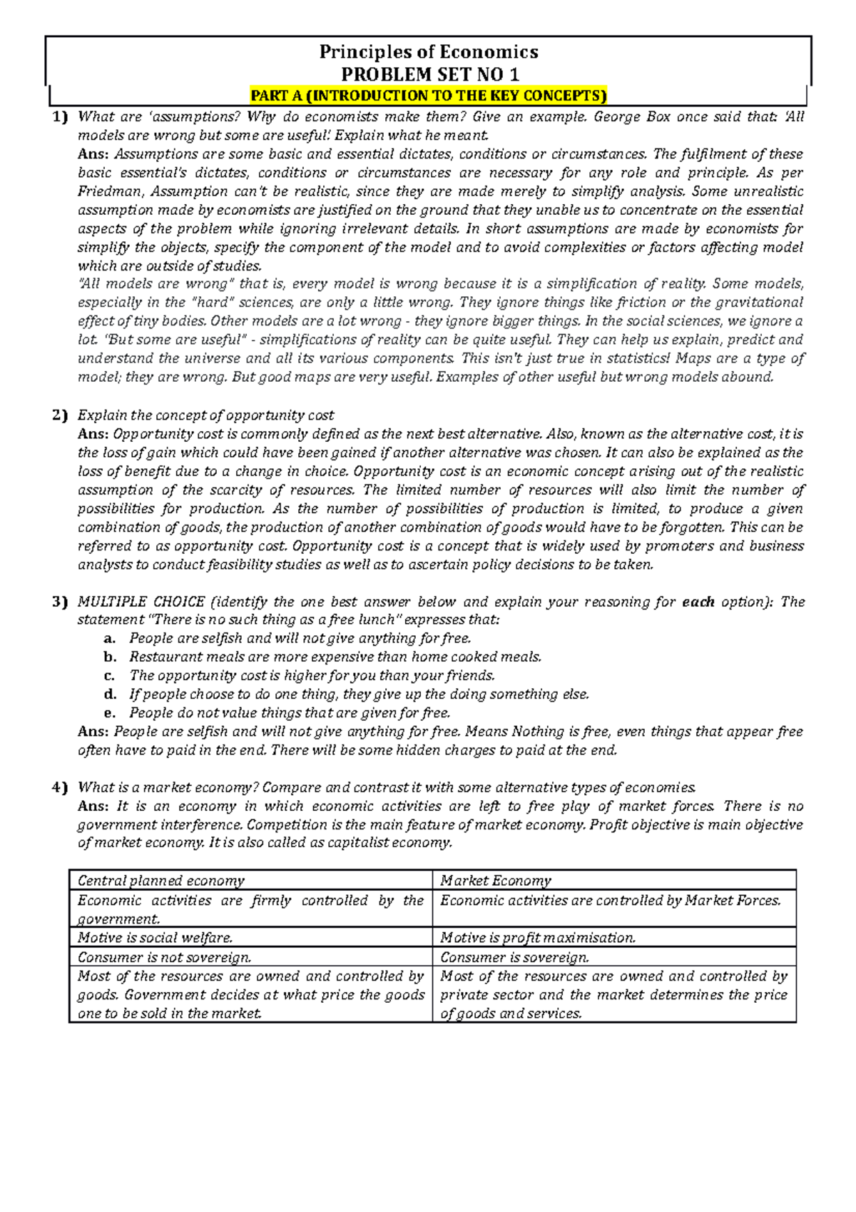 PS1 - Principle of economics - Principles of Economics PROBLEM SET NO 1 ...