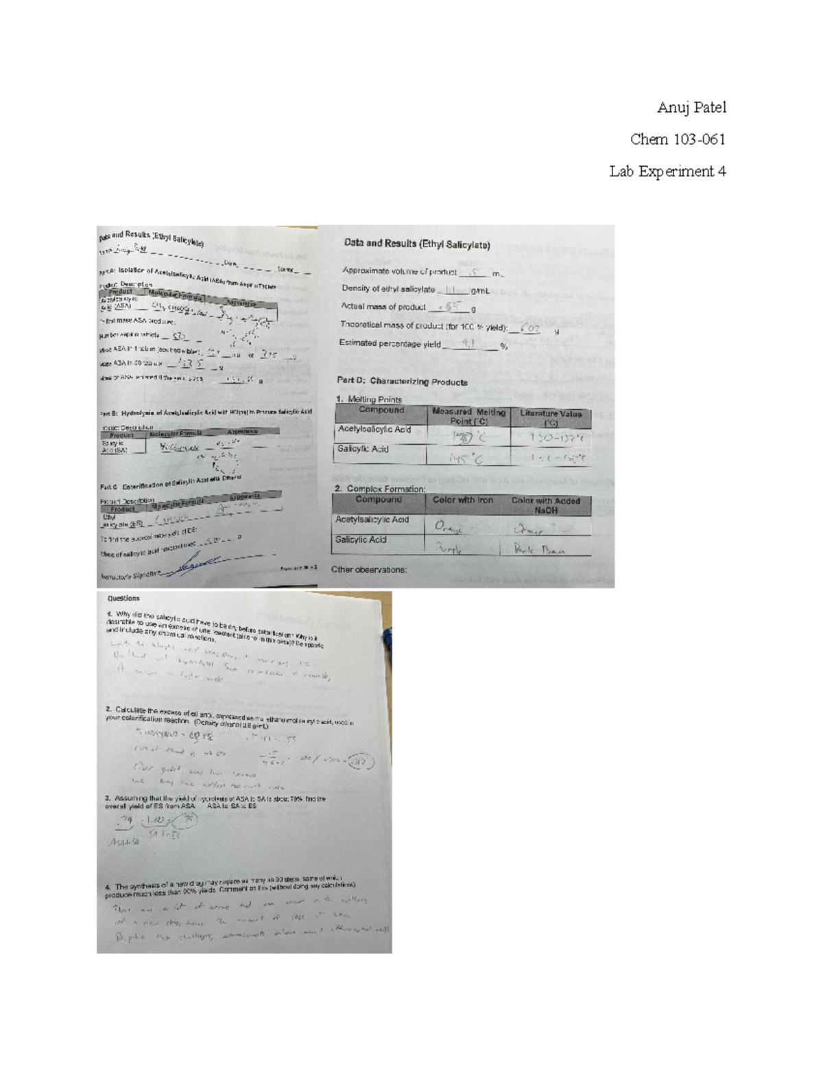 Lab 4 - Week 6 - Lab4 - LAW 874 - Anuj Patel Chem 103- Lab Experiment 4 ...