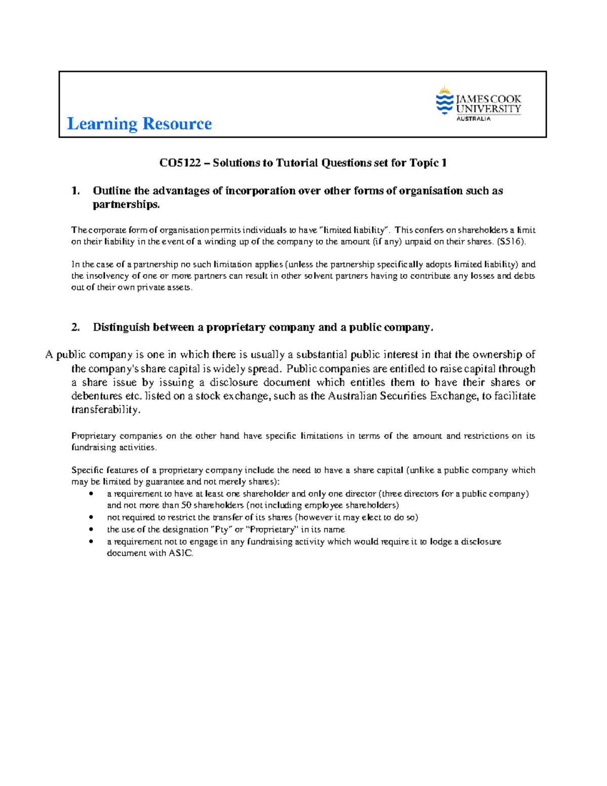 Topic 1 Tutorial Question Solutions - Learning Resource CO5122 ...