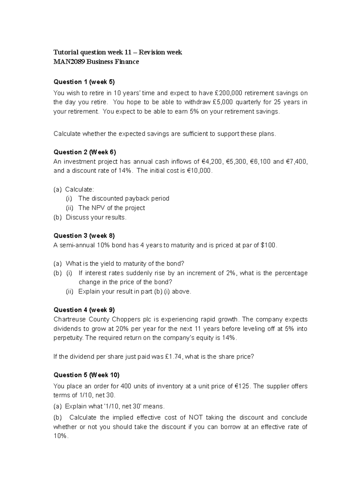 Tutorial questions week 11 - Business Finance - Tutorial question week ...