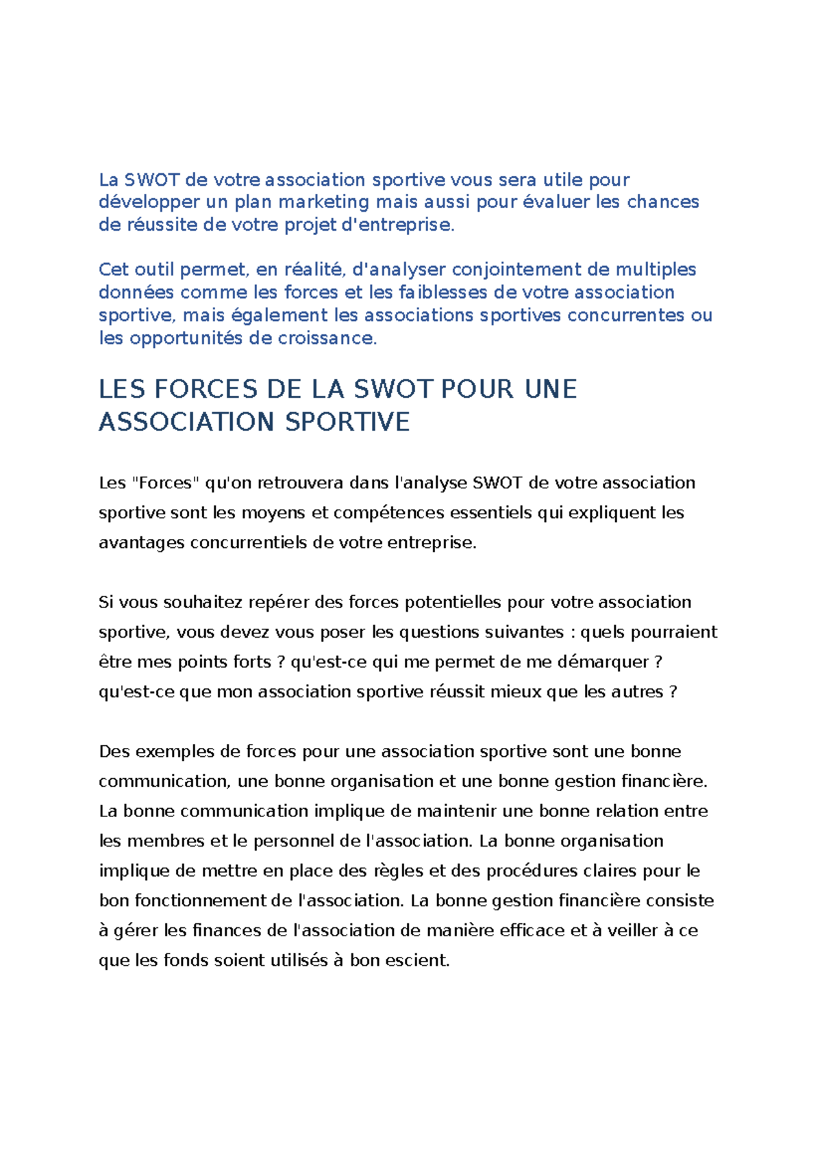 Analyse SWOT sport - La SWOT de votre association sportive vous sera ...