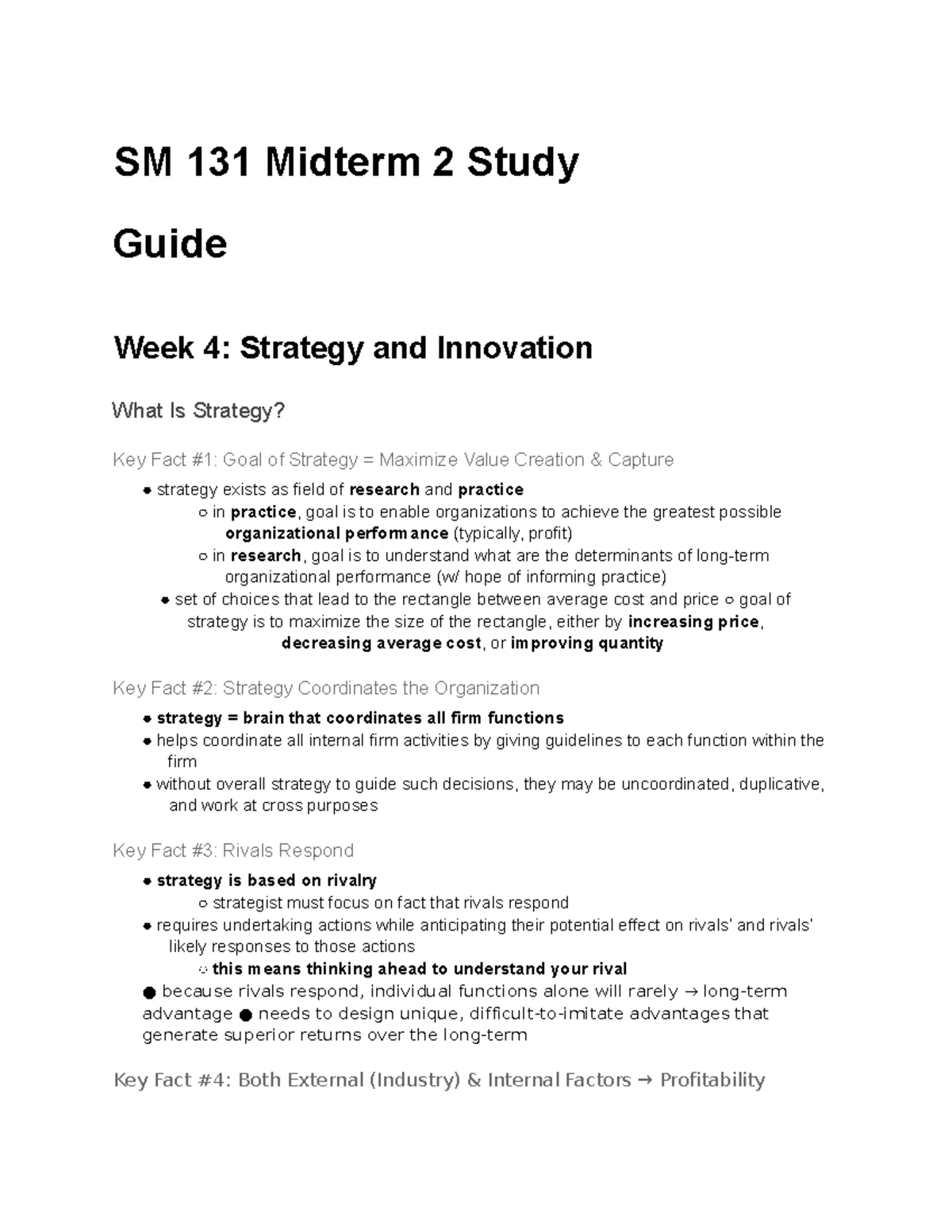 SM 131 Midterm 2 guide - SM 131 Midterm 2 Study Guide Week 4: Strategy and Innovation What Is ...