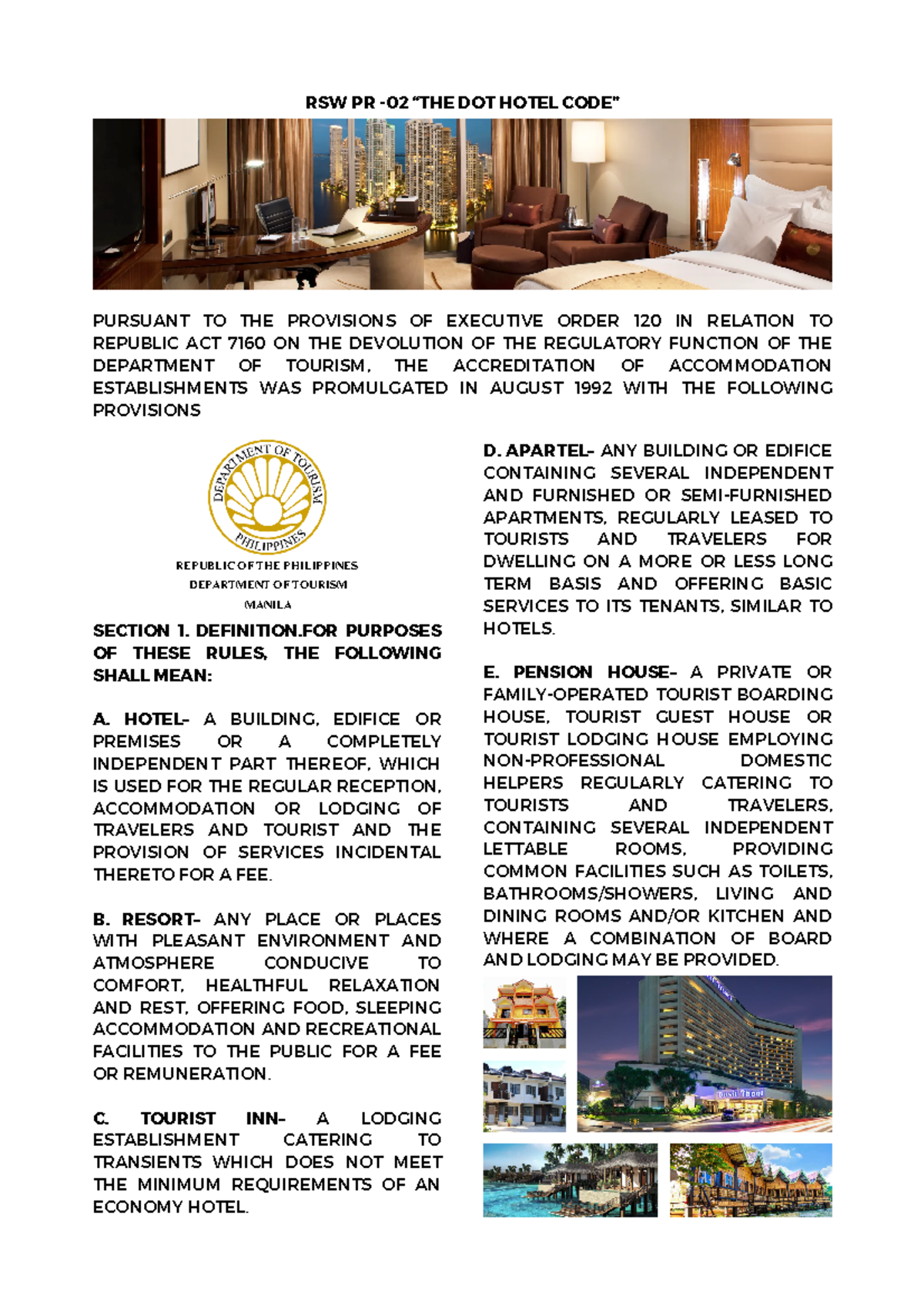 DOT Hotel CODE - NOTES - RSW PR -02 “THE DOT HOTEL CODE” PURSUANT TO ...