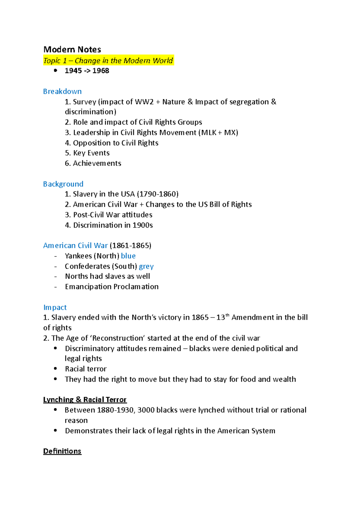 Civil Rights Movement Notes - Modern Notes Topic 1 – Change in the ...