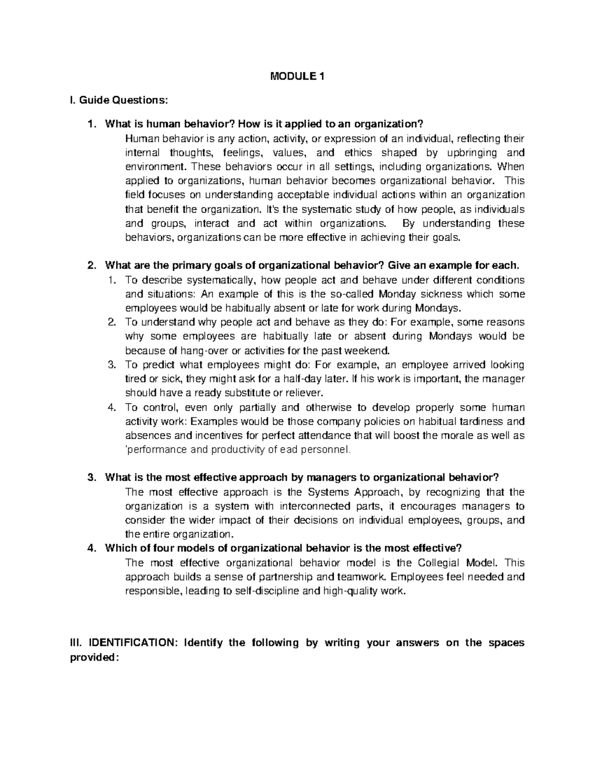 Human Behavior in Organizations - Module 1 Exercise - MODULE 1 I. Guide Questions: What is human ...