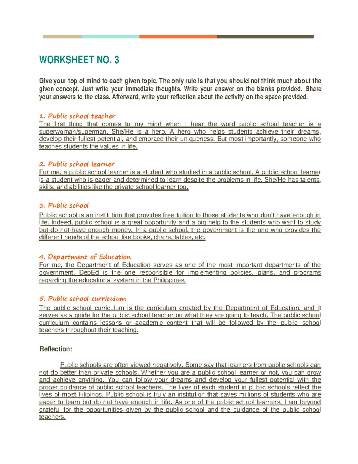 Worksheet 3 (Module 5) - WORKSHEET NO. 3 Give your top of mind to each ...