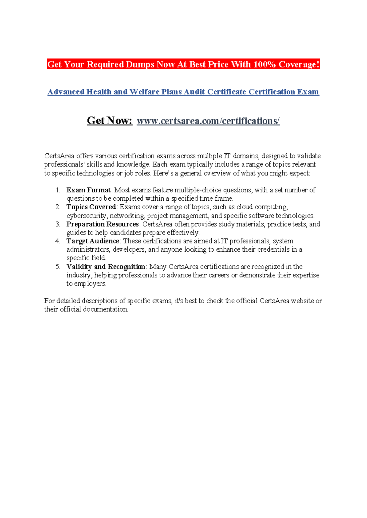 Advanced Health and Welfare Plans Audit Certificate Certification Exam ...