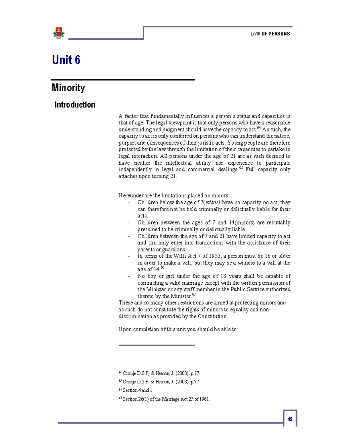 Unit 6 Minority - LAW OF PERSONS ####### 45 Unit 6 Minority ...