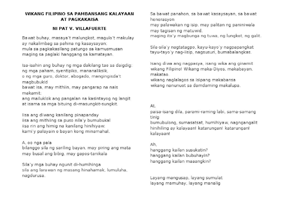 Pyesa sa Sabayang Pagbigkas - WIKANG FILIPINO SA PAMBANSANG KALAYAAN Sa ...