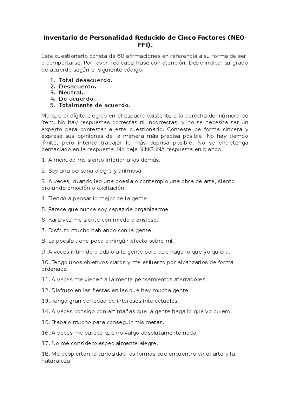 TEST DE NEO-FII - Inventario de Personalidad Reducido de Cinco Factores ...