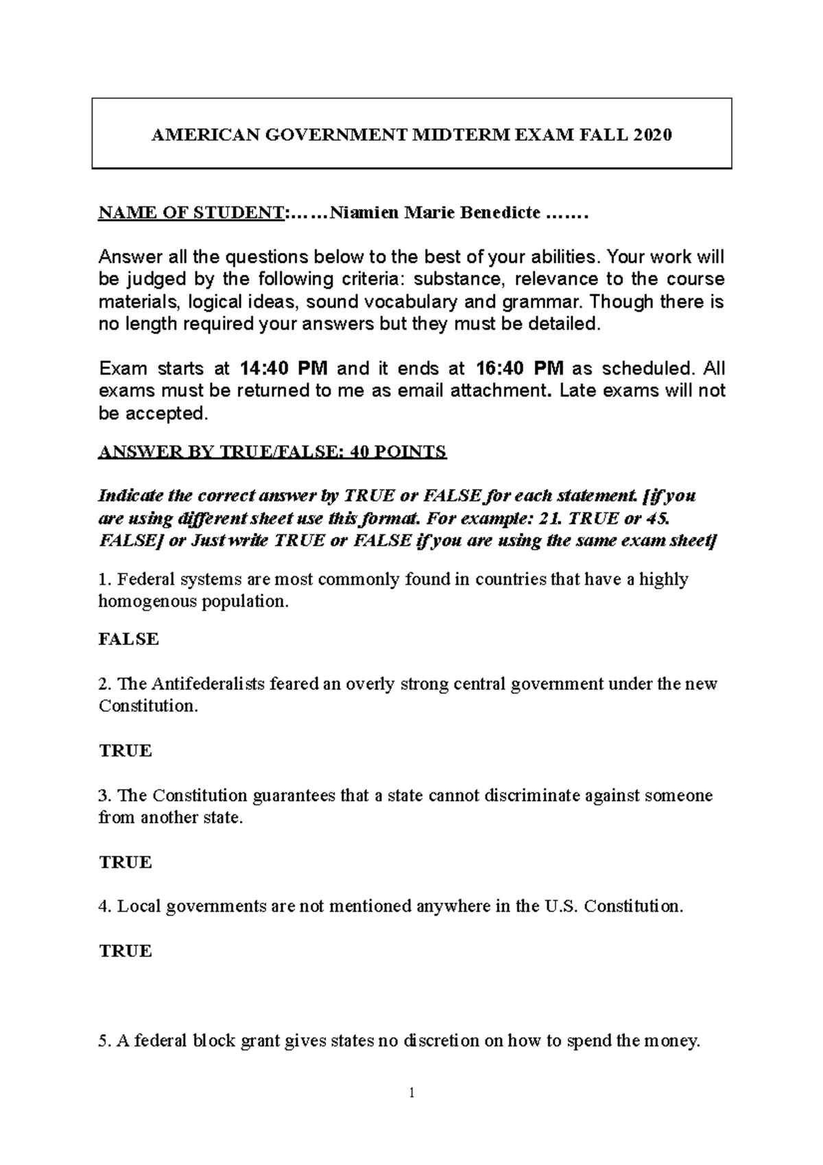 AM GOVT Midterm FALL 2020 NIamien - AMERICAN GOVERNMENT MIDTERM EXAM ...